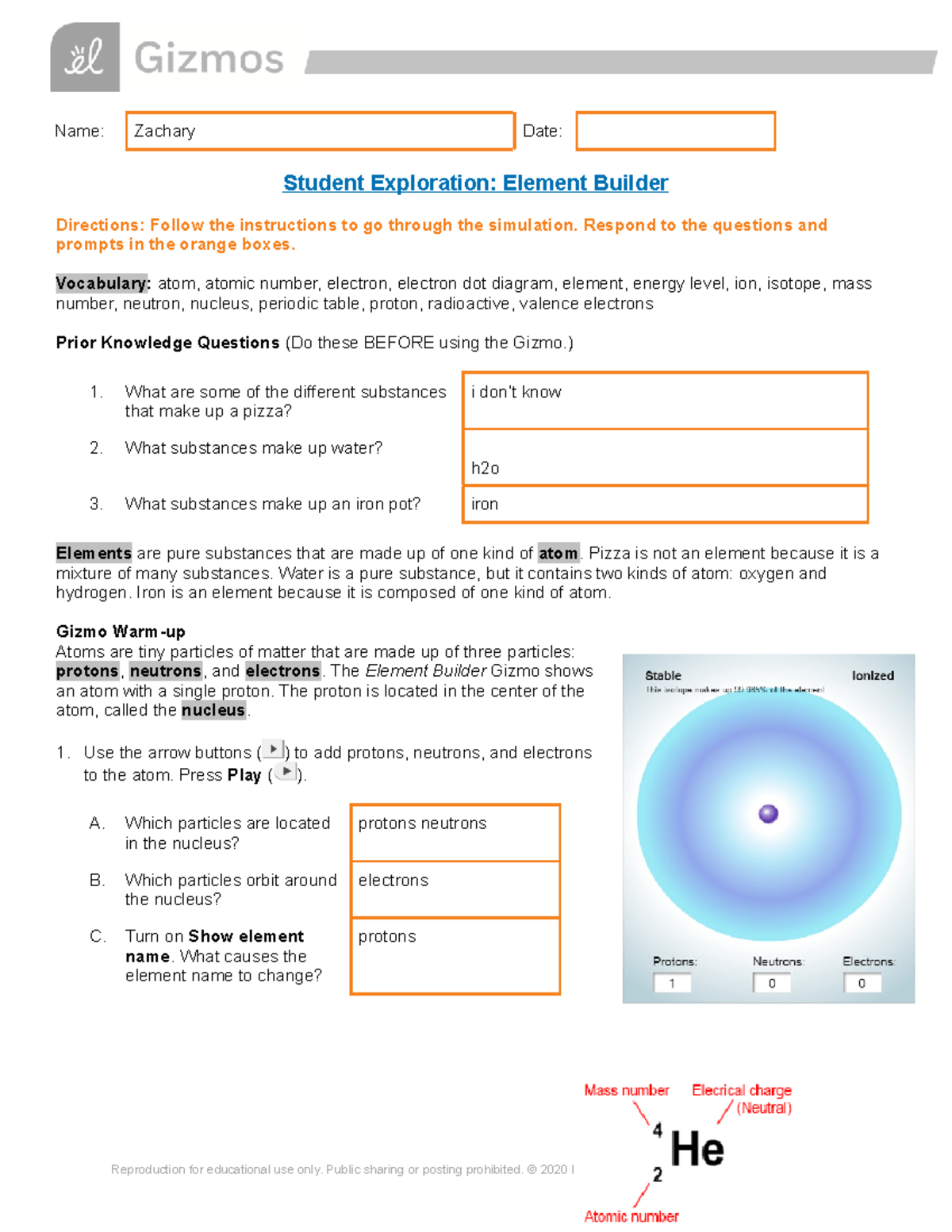 Element Builder - null - Name: Zachary Date: Student Exploration ...