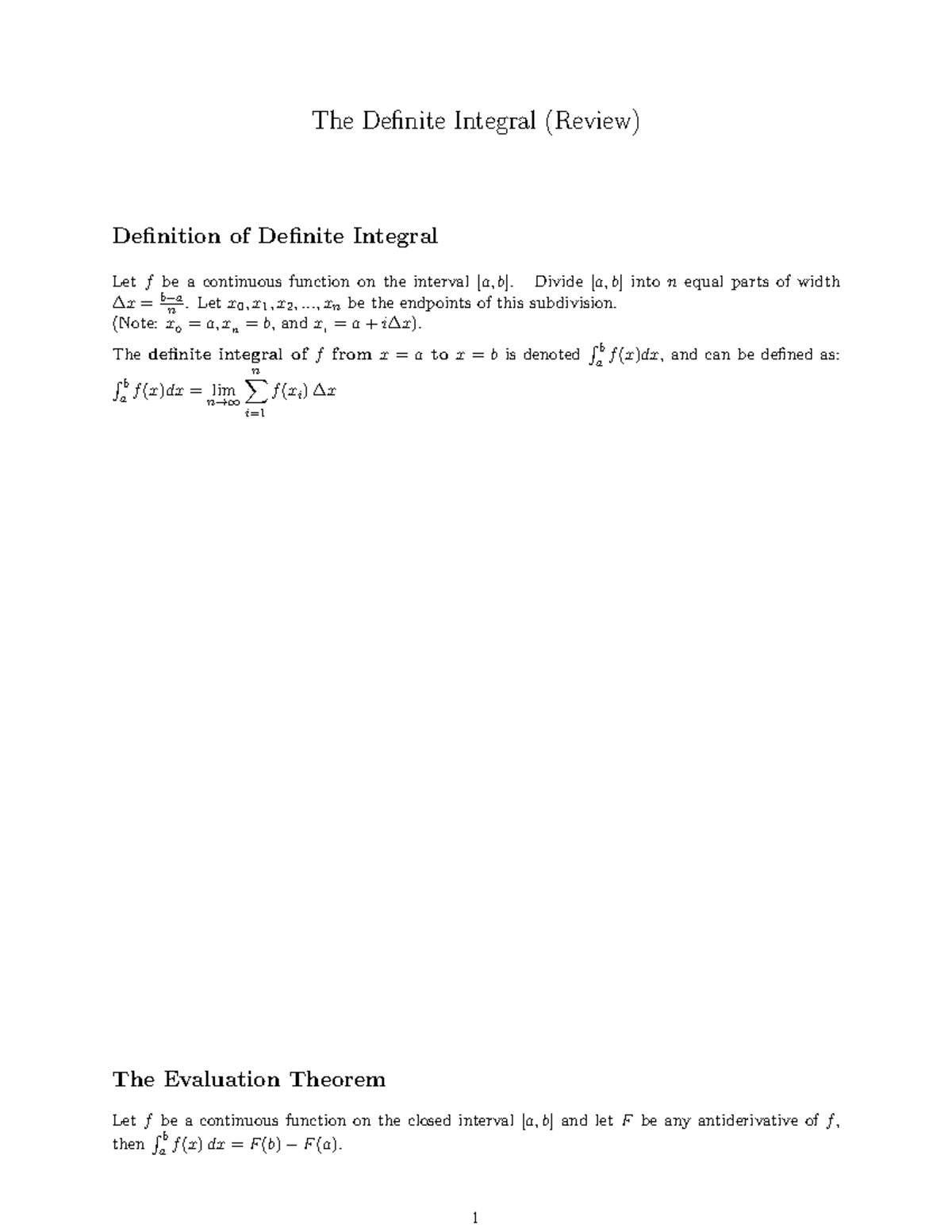 Lesson 1 Integral Review - The Definite Integral (Review) Definition of ...