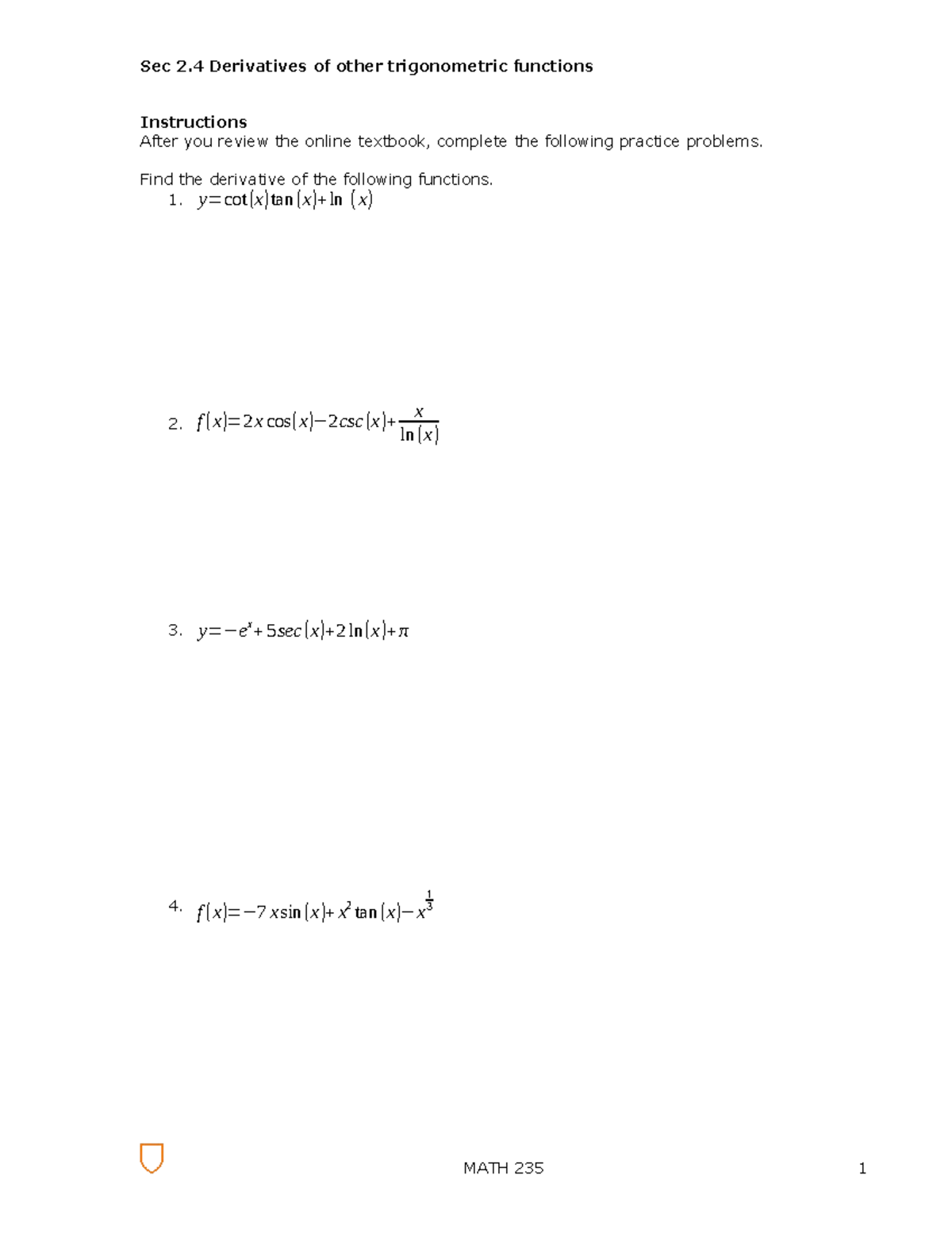 Sec 2.4 Extra Practice-1 - ZOO 3733C - Sec 2 Derivatives of other ...