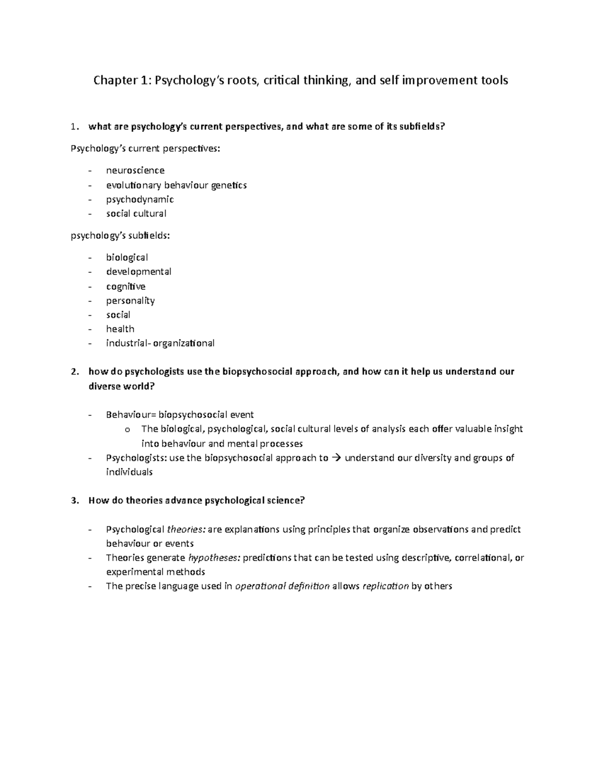 Chapter 1- complete chapter review ( Q+A) - Chapter 1: Psychology’s ...