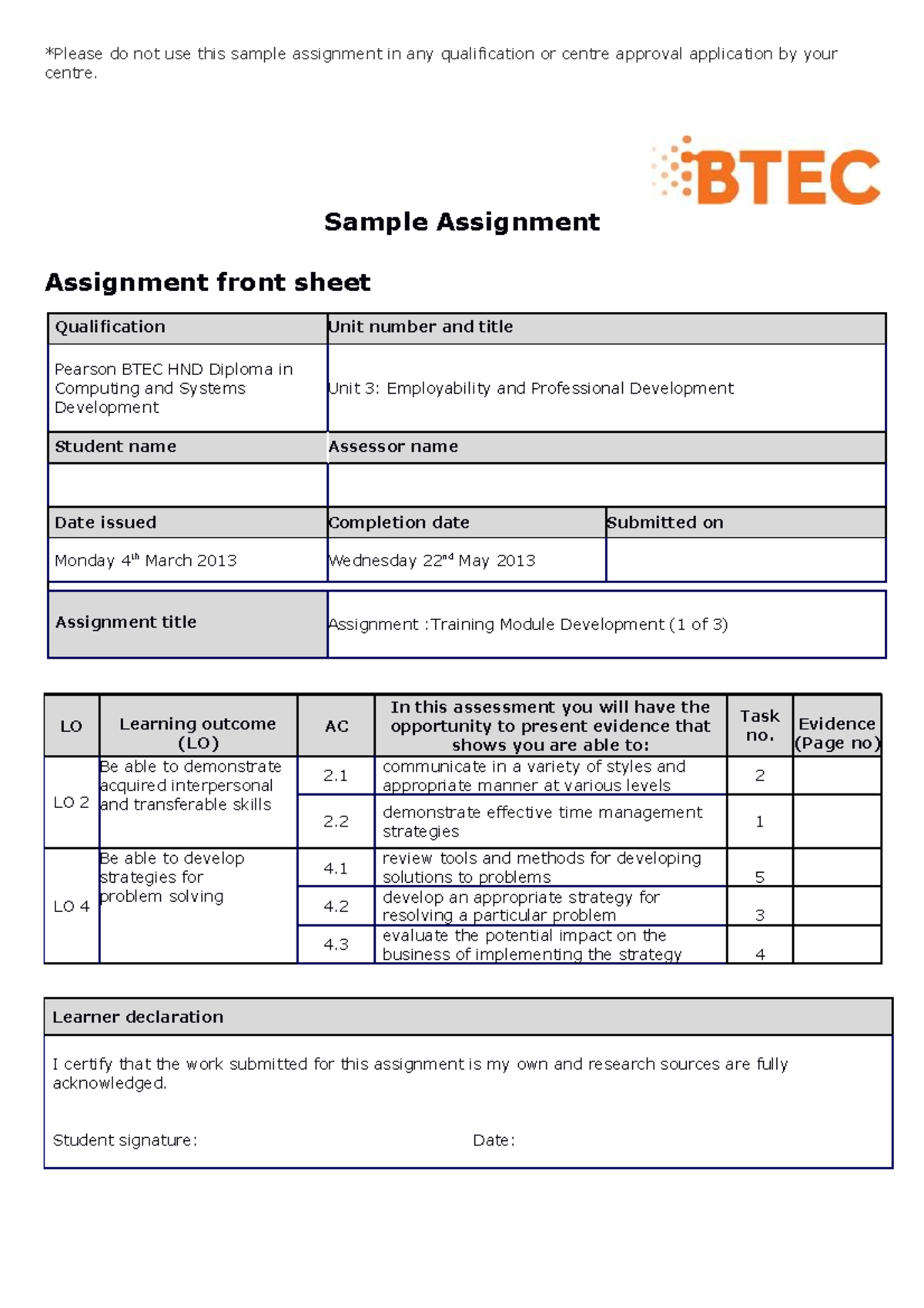 Pearson BTEC Level 5 HND Diploma in Computing Sample Assignment - centre. Sample Assignment ...