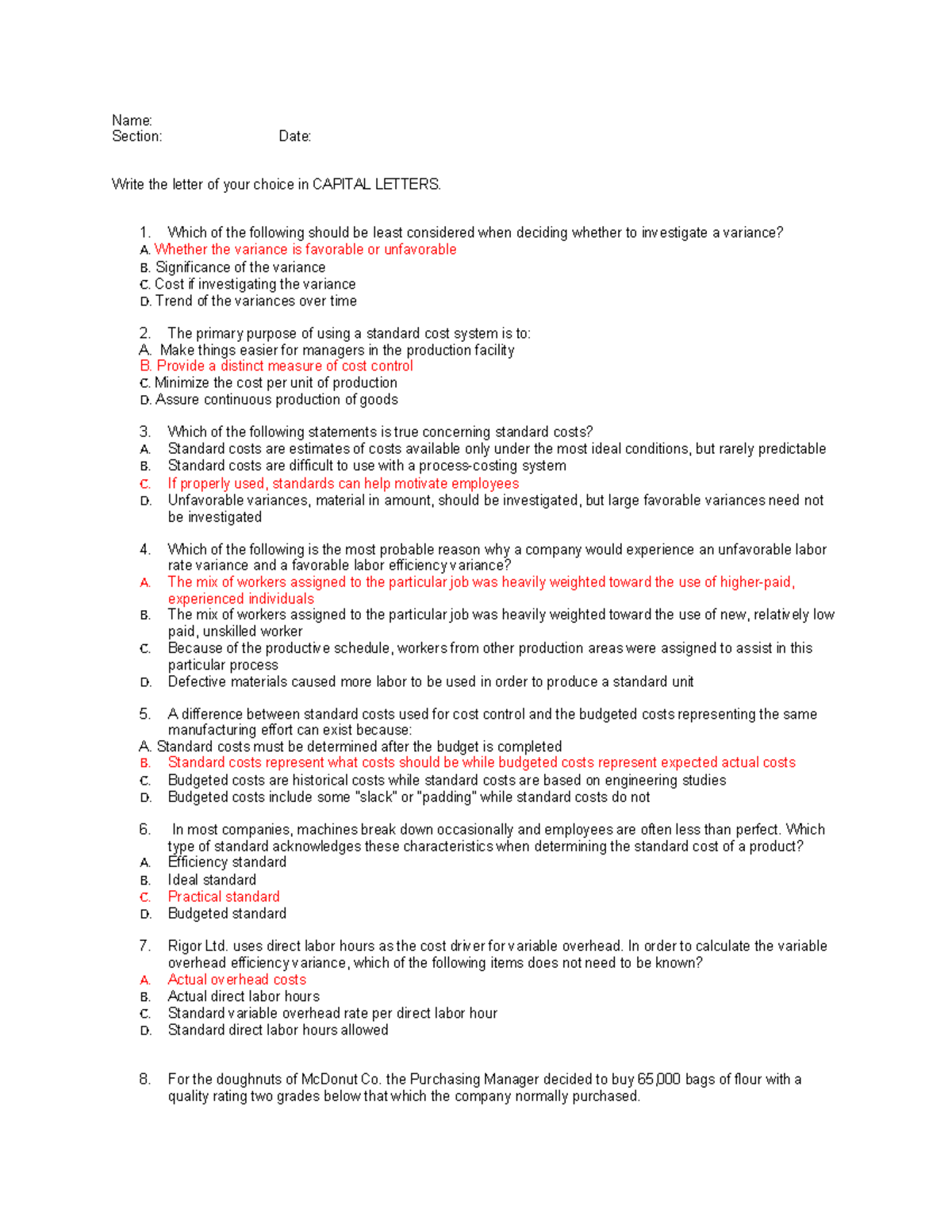 Quiz-sa-strategic - mas - Name: Section: Date: Write the letter of your ...