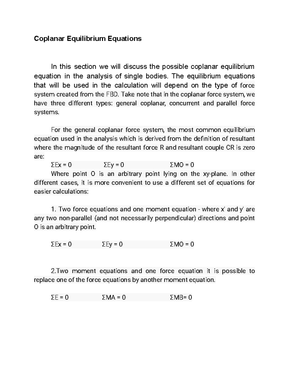 Coplanar Equilibrium Equations - The equilibrium equations that will be ...