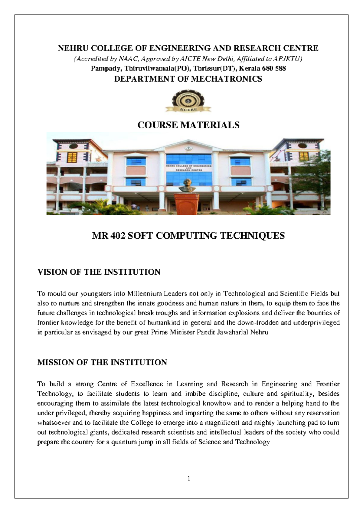 SOFT Computing Techniques-MTECH 1-2 THROUGH JNTUK SYLLBUS(2023-2024) - NEHRU COLLEGE OF ...