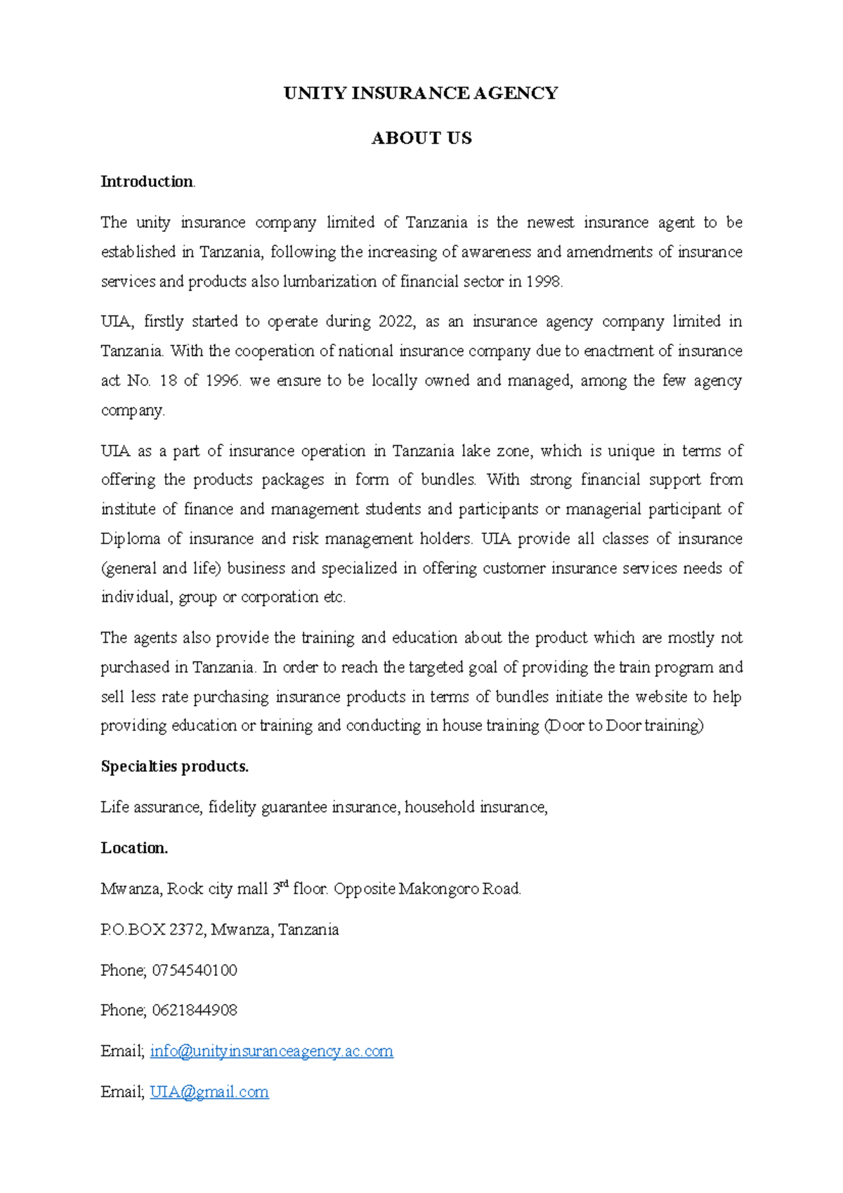 Unity Insurance Agency - UNITY INSURANCE AGENCY ABOUT US Introduction ...