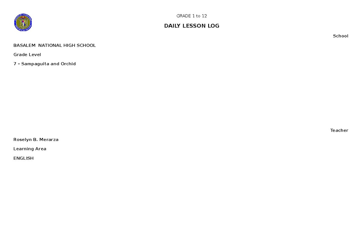 Ddl sample format - ddl - GRADE 1 to 12 DAILY LESSON LOG School BASALEM ...