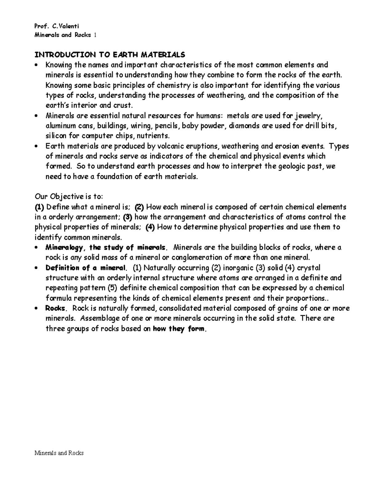 Mineral Online Notes - Prof. C Minerals and Rocks 1 INTRODUCTION TO ...