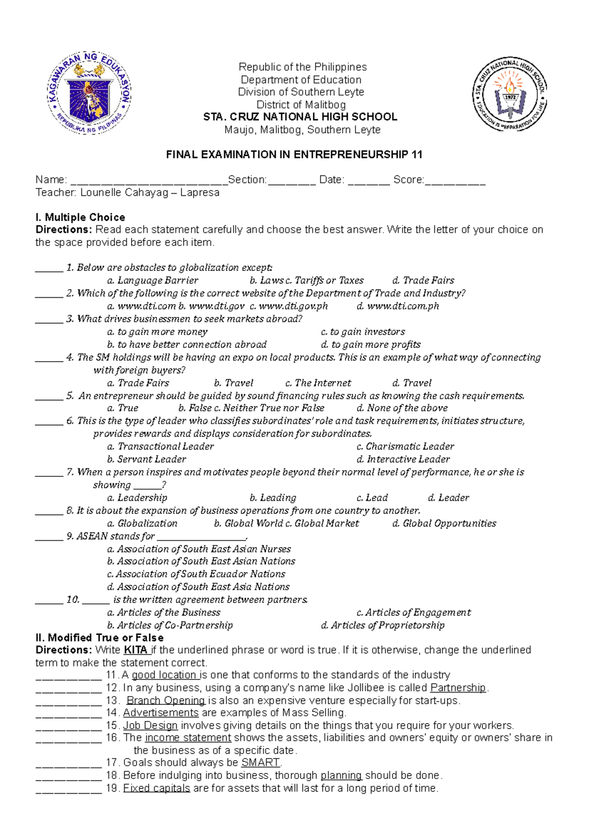 Entrep - SAmple LP - Republic of the Philippines Department of ...
