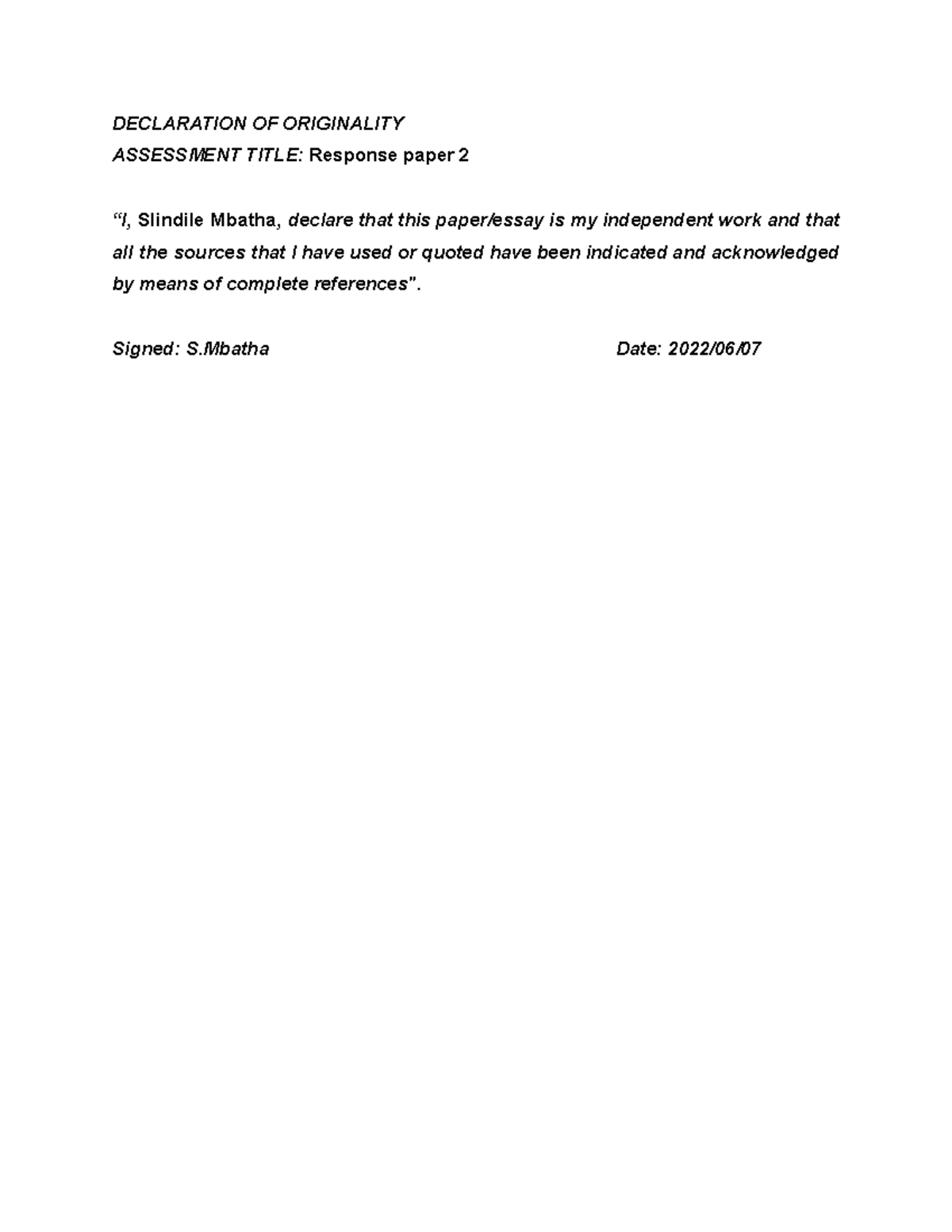 Response paper 2 - Short stories - DECLARATION OF ORIGINALITY ...