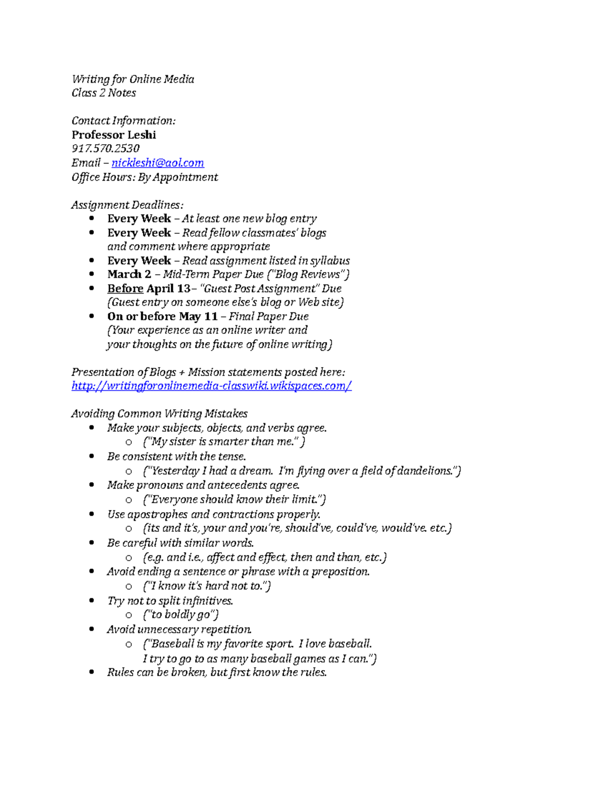 Notes Class 2 WFOM - Writing for Online Media Class 2 Notes Contact ...