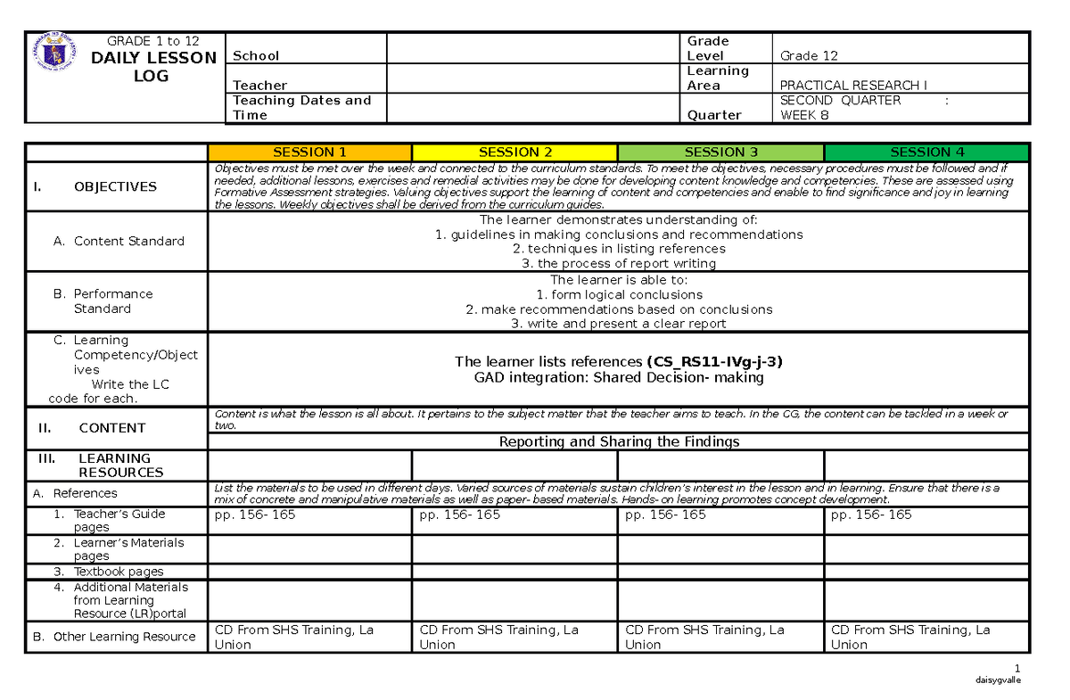 8 - Practical Research - GRADE 1 to 12 DAILY LESSON LOG School Grade ...