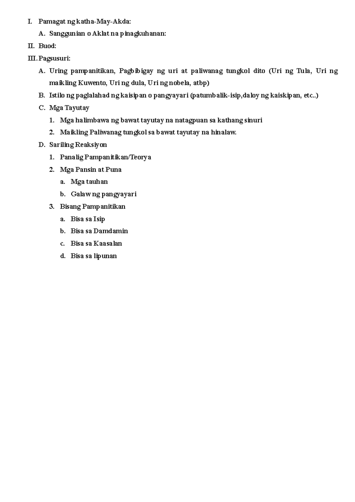 Pagsusuri sa mga akdang pampanitikan - I. Pamagat ng katha-May-Akda: A ...