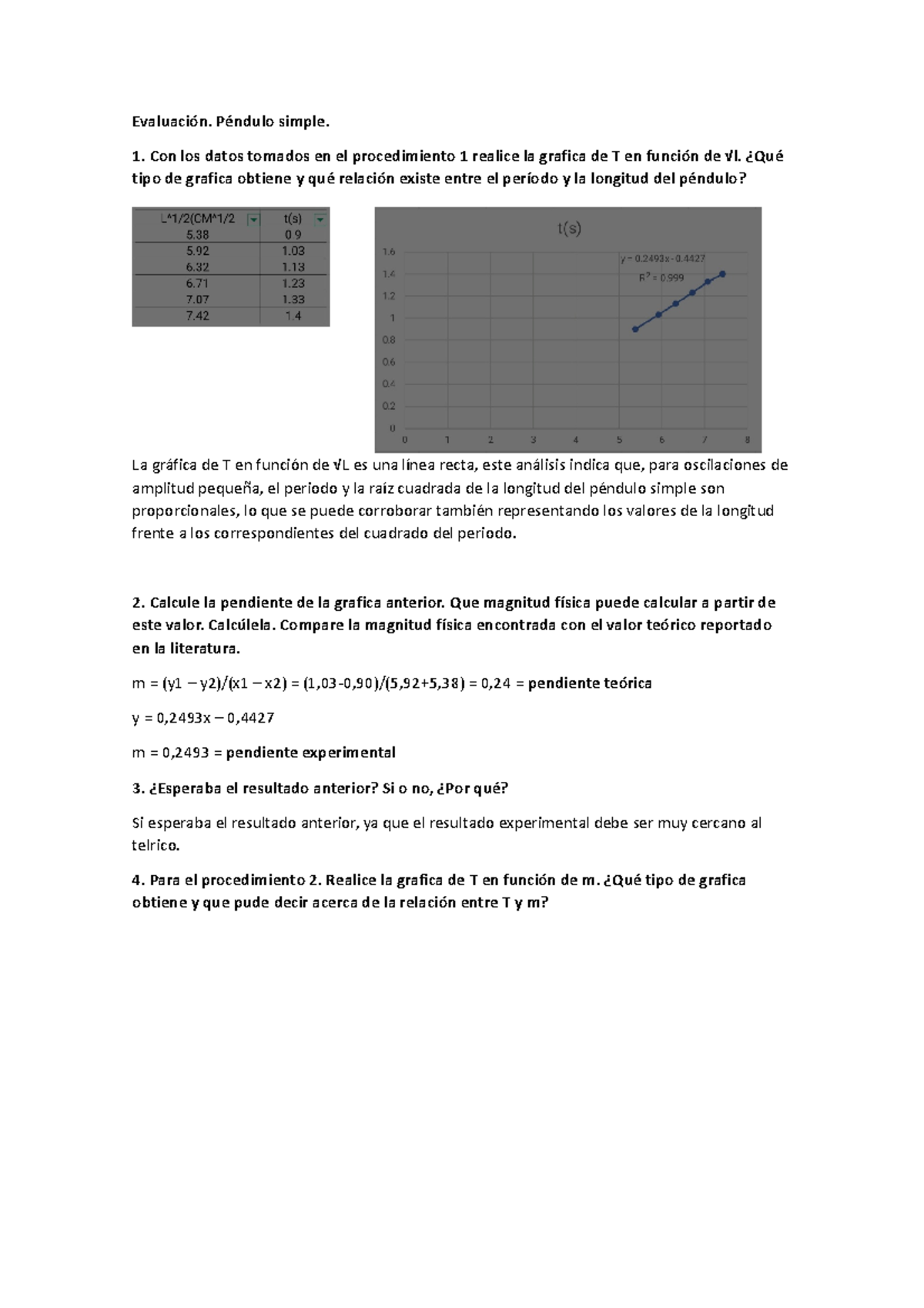 Péndulo Simple - dsss - Evaluación. Péndulo simple. Con los datos tomados en el procedimiento 1 ...