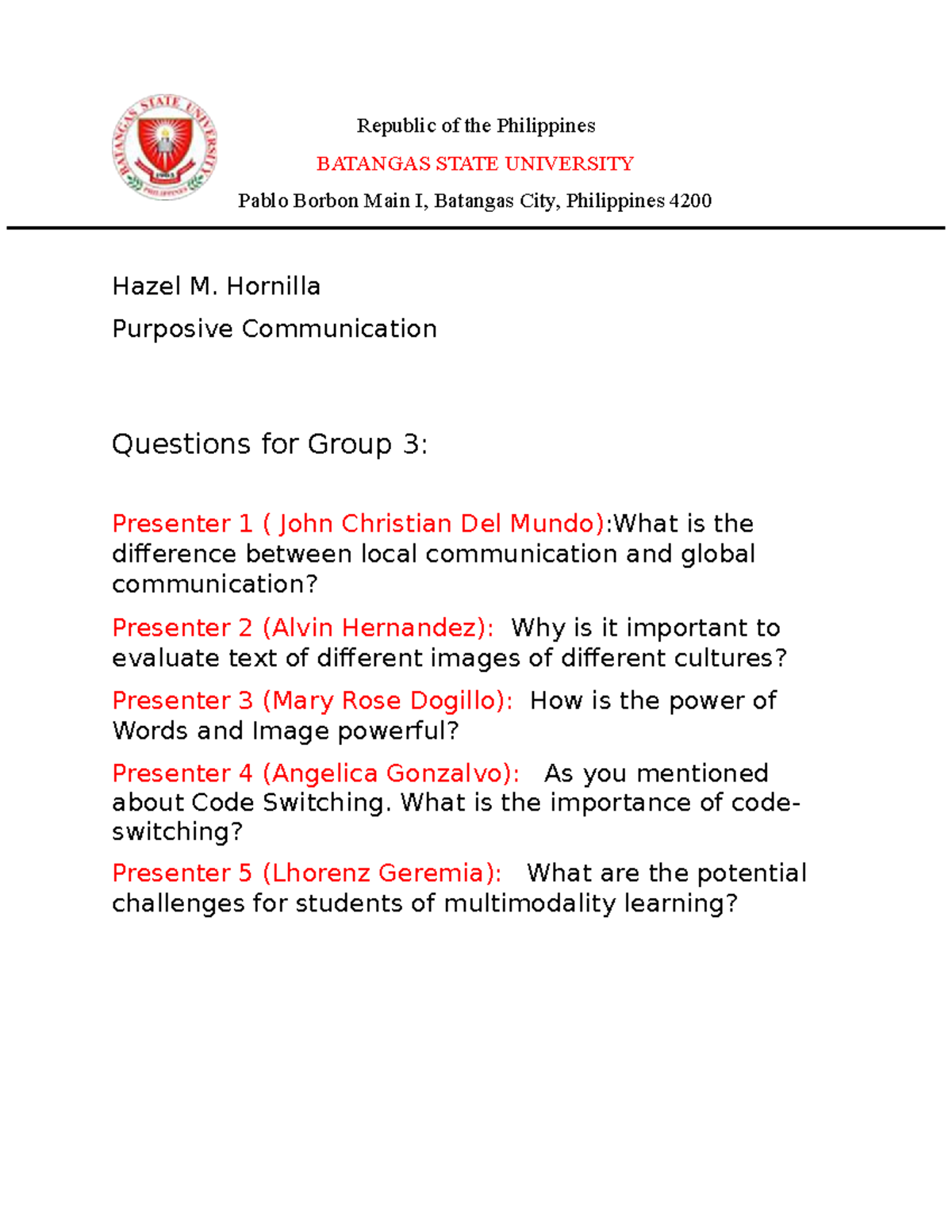 QUESTIONS ABOUT THE LOCAL AND GLOBAL COMMUNICATION - Republic of the ...