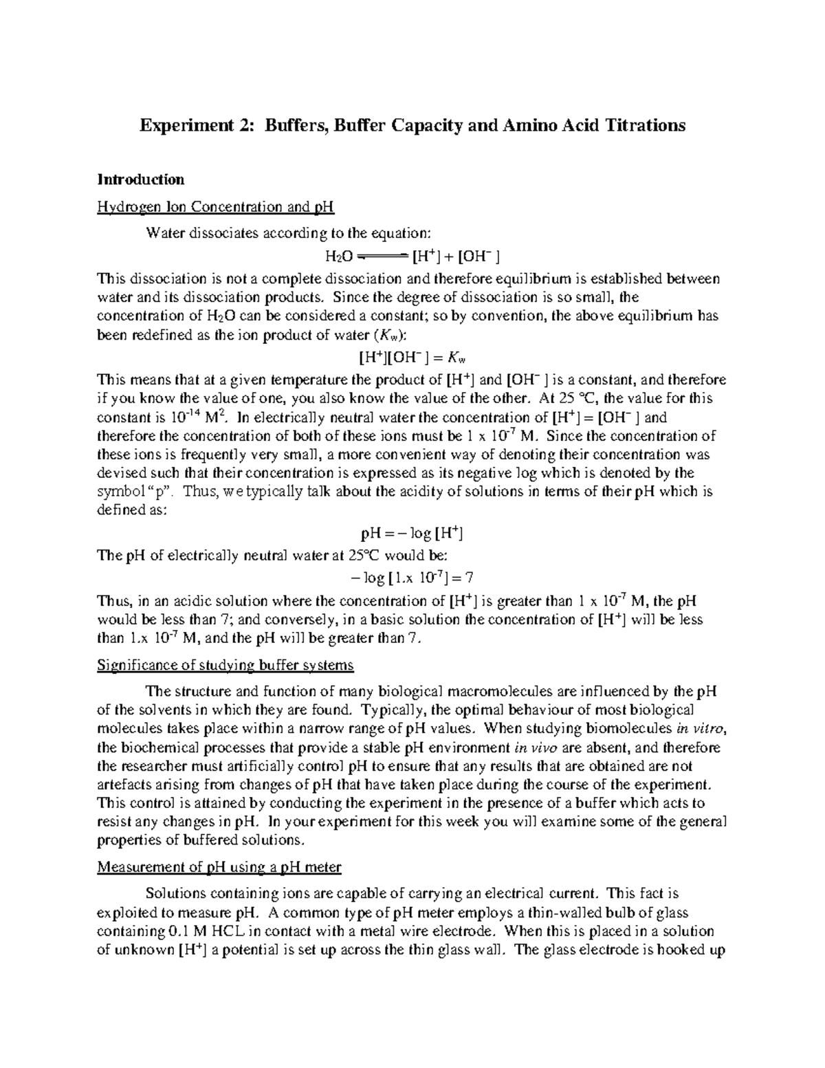 Experiment 2 S21 - Lab 2 - Experiment 2: Buffers, Buffer Capacity and Amino Acid Titrations ...