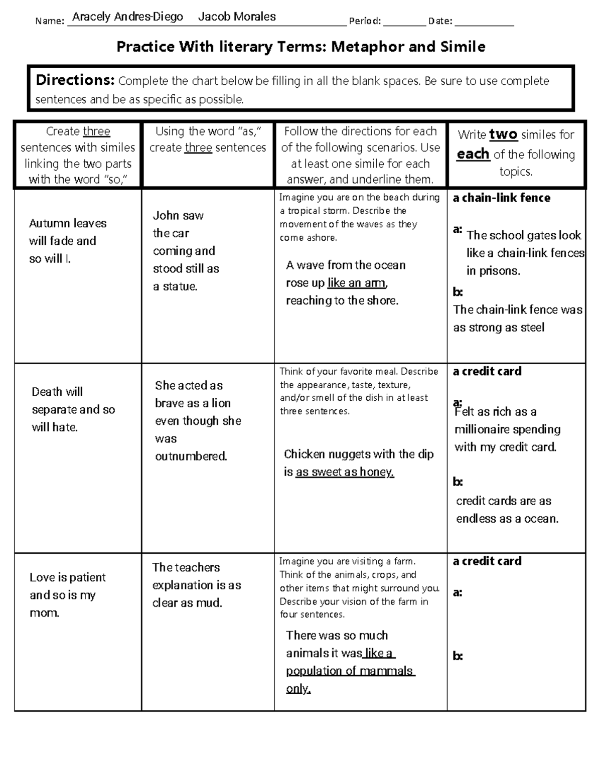 Simile and metaphor Practice With literary Terms - Name: - Studocu