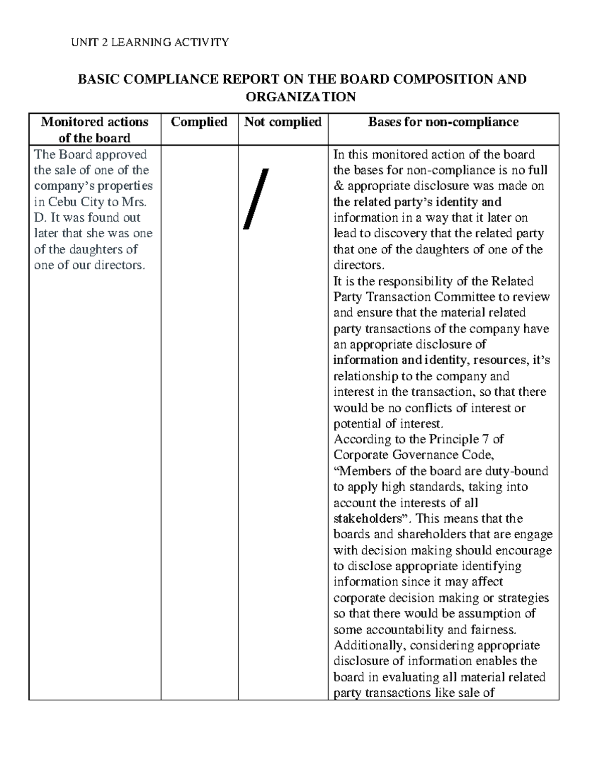 UNIT 2 Learning Activity - UNIT 2 LEARNING ACTIVITY BASIC COMPLIANCE ...