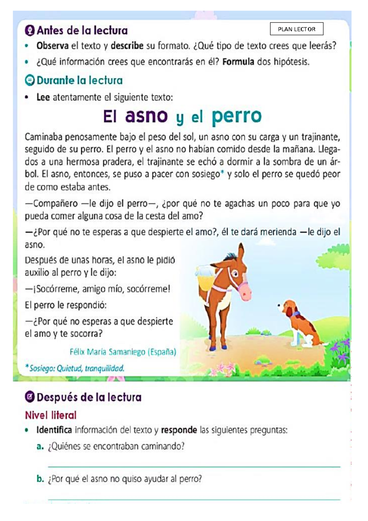 EL ASNO Y EL Perro. PLAN Lector - L Antes de la lectura PLAN LECTOR ...