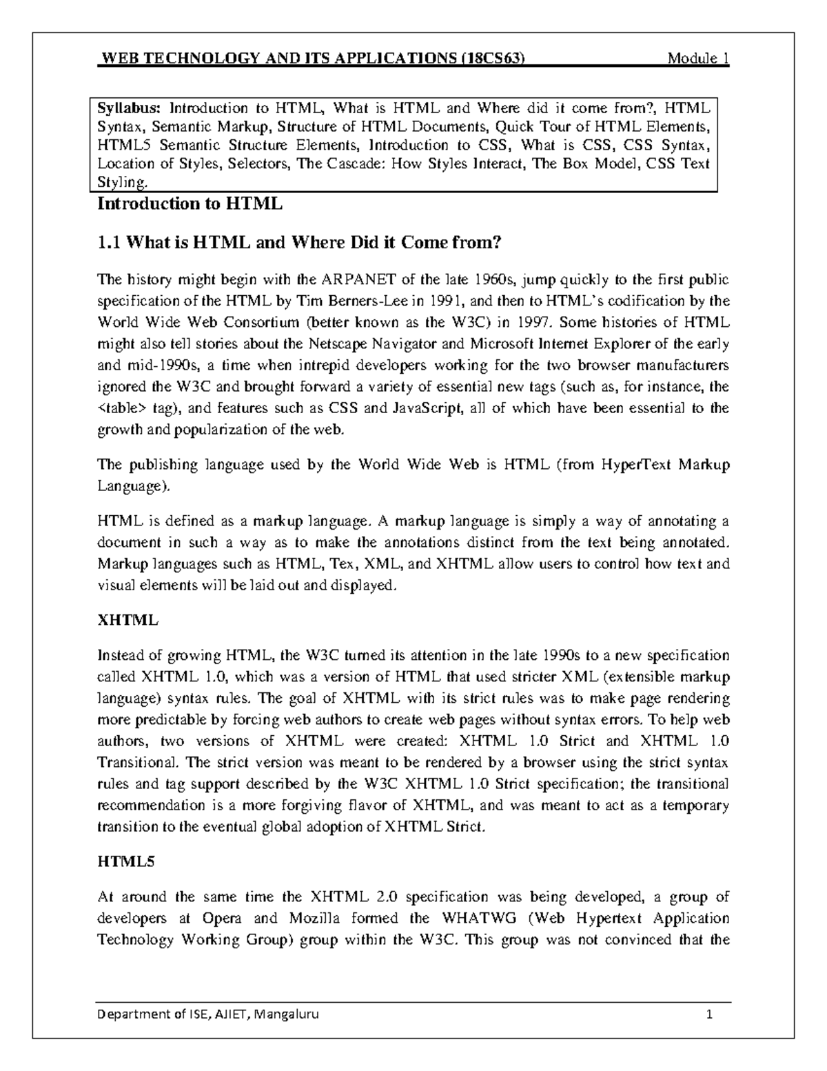 WT module 1 - Syllabus: Introduction to HTML, What is HTML and Where did it come from?, HTML ...