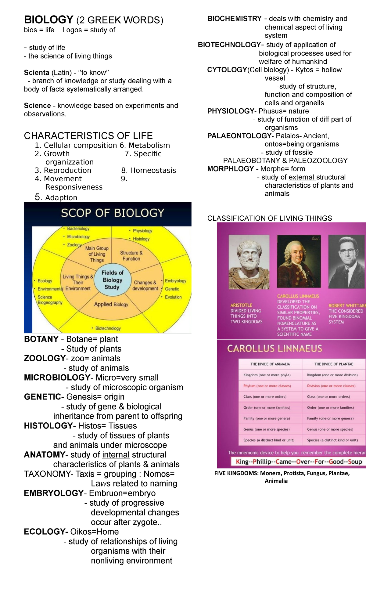 Biology Reviewer Midterms 2ND SEM - BIOLOGY (2 GREEK WORDS) bios = life ...