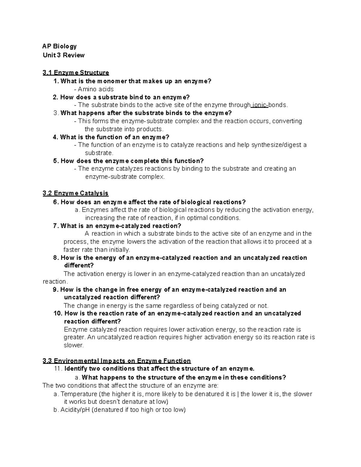 Unit 3 Review (Topics 3.1-3.3) - AP Biology Unit 3 Review 3 Enzyme ...