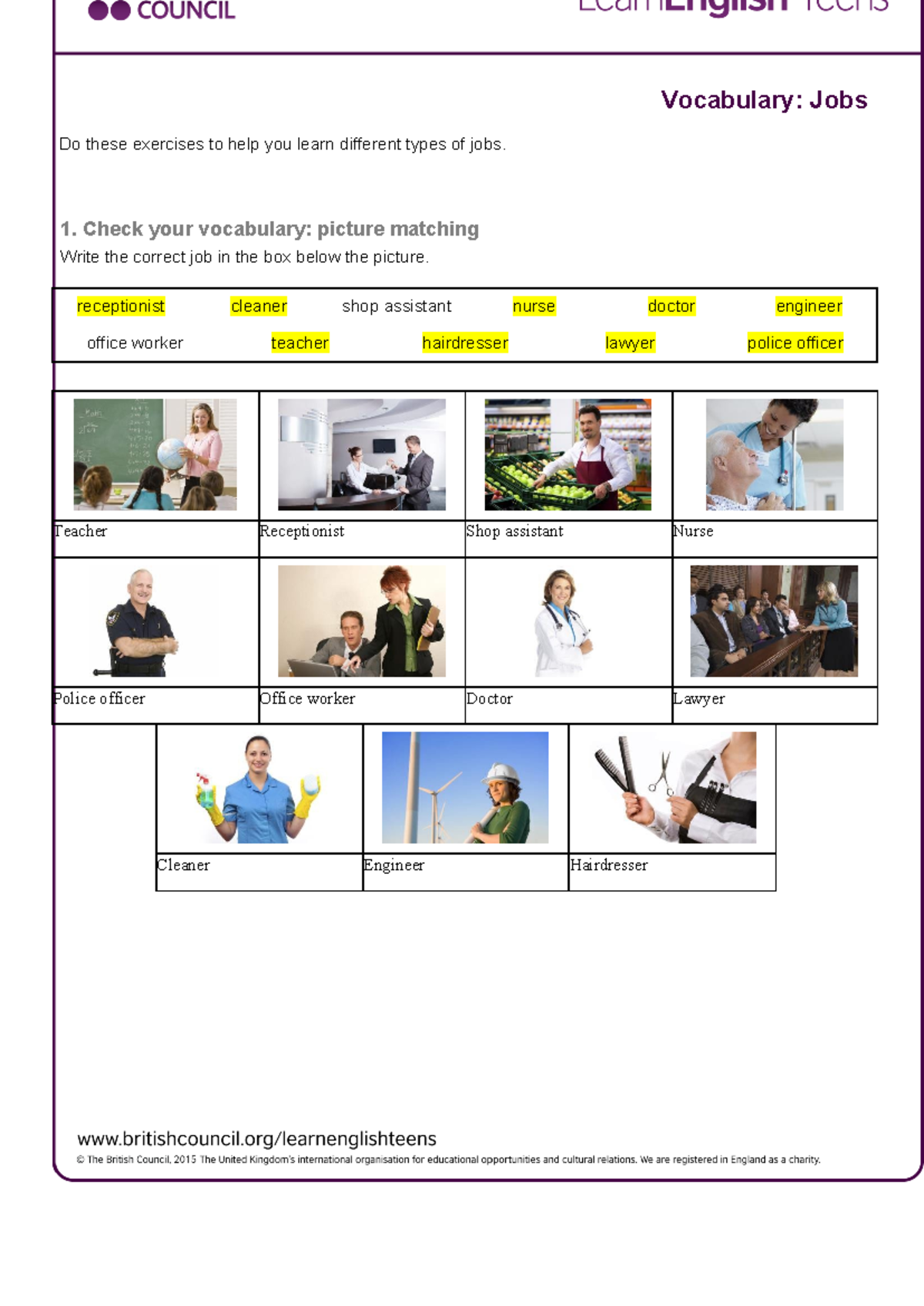 Excercise about jobs LGGV - Vocabulary: Jobs Do these exercises to help ...