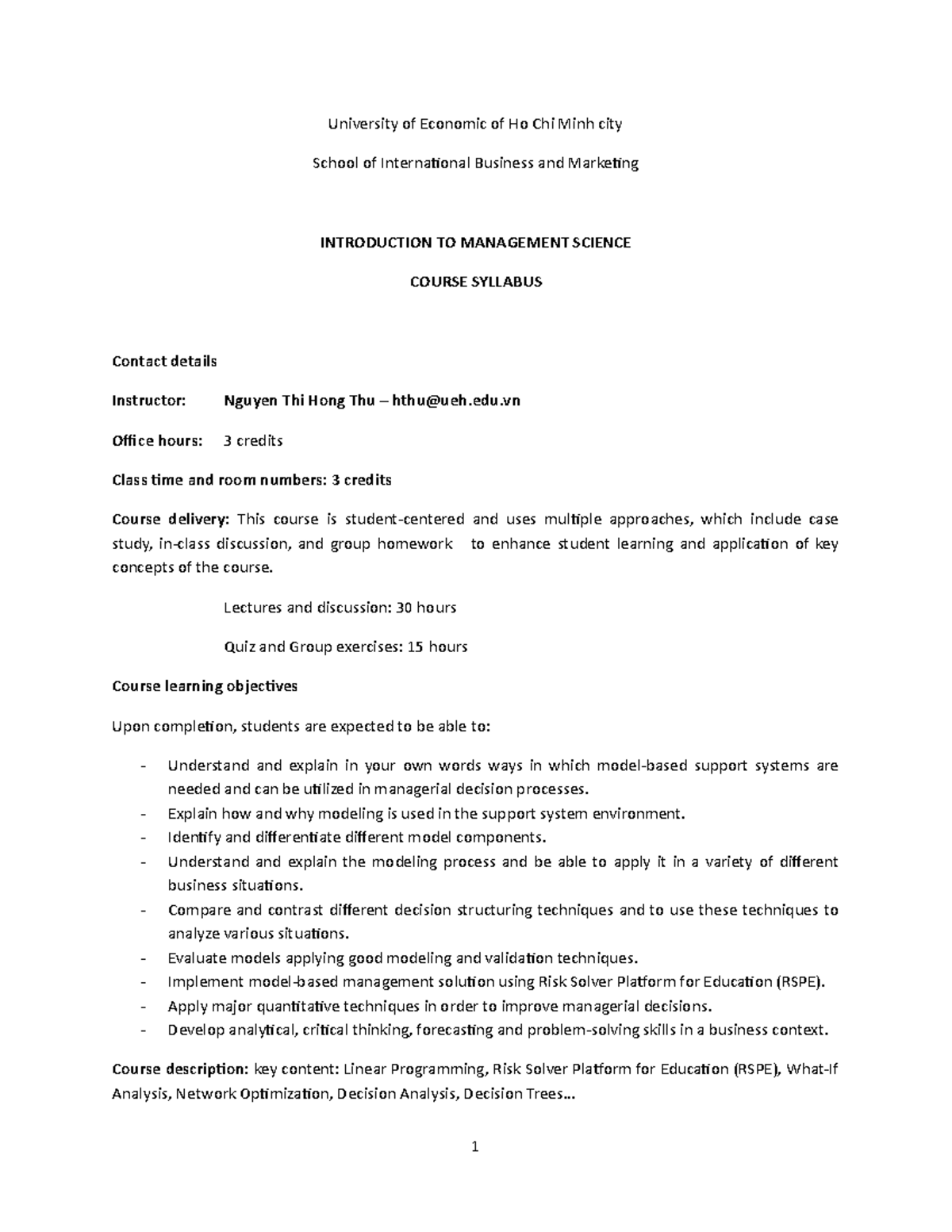 Management Science Syllabus - 2020 - International Business - Studocu