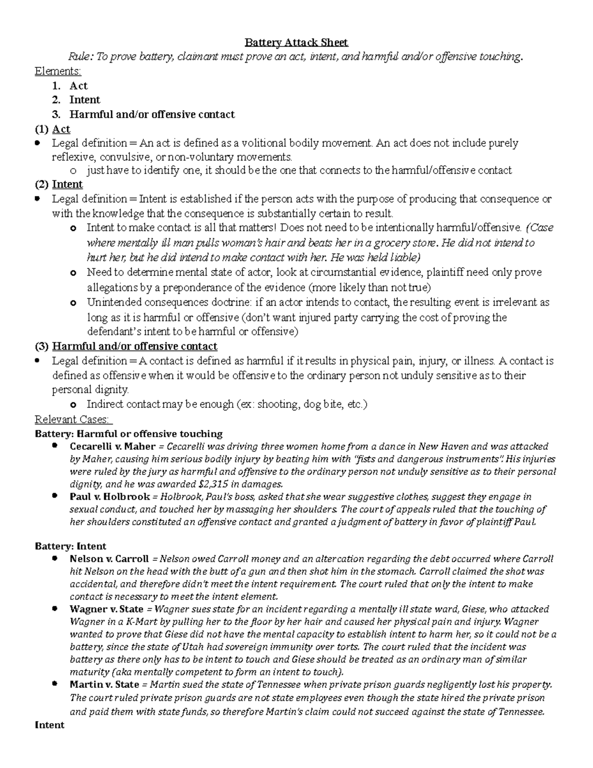 Torts Exam Outline - Battery Attack Sheet Rule: To prove battery ...