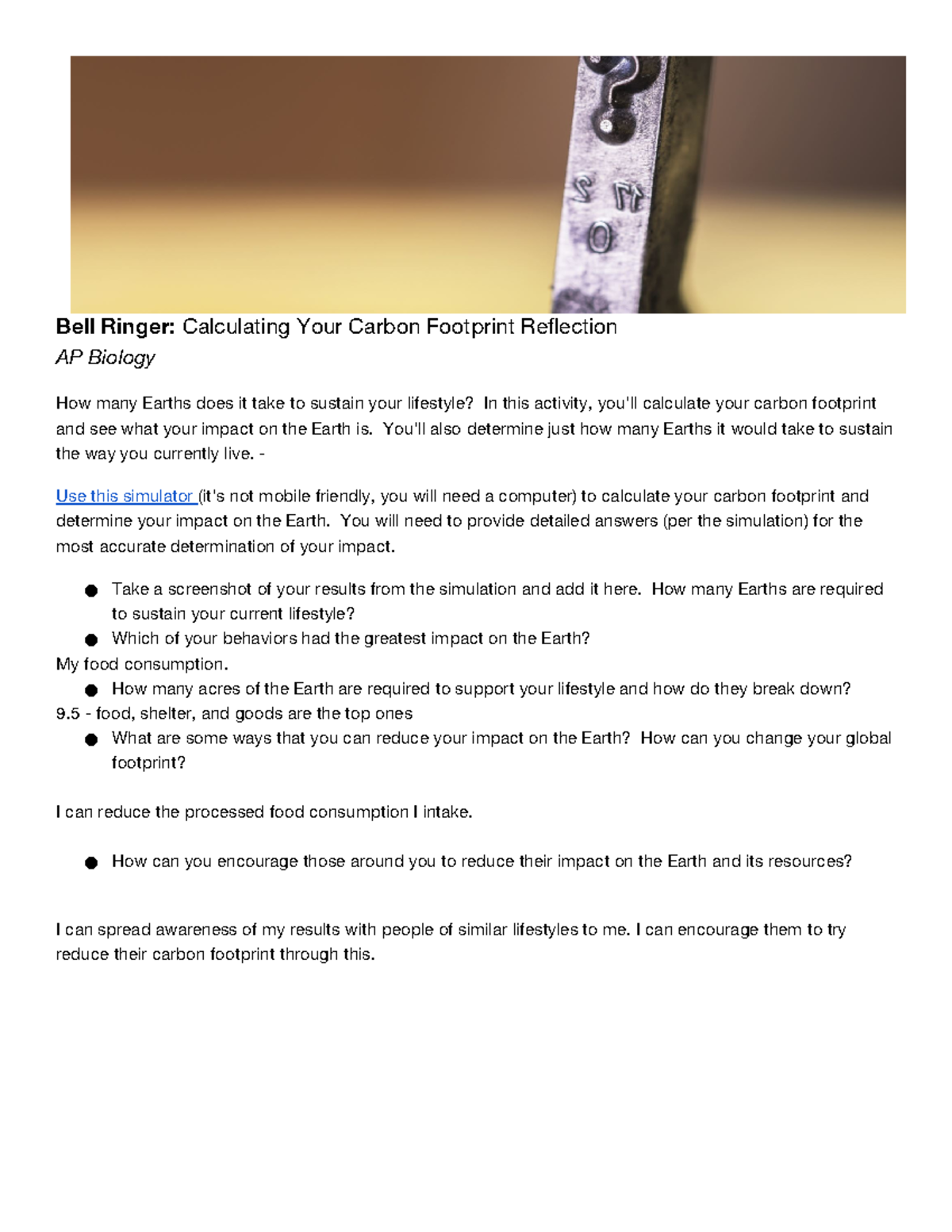 Bell Ringer Calculating Your Carbon Footprint Reflection - You'll also ...