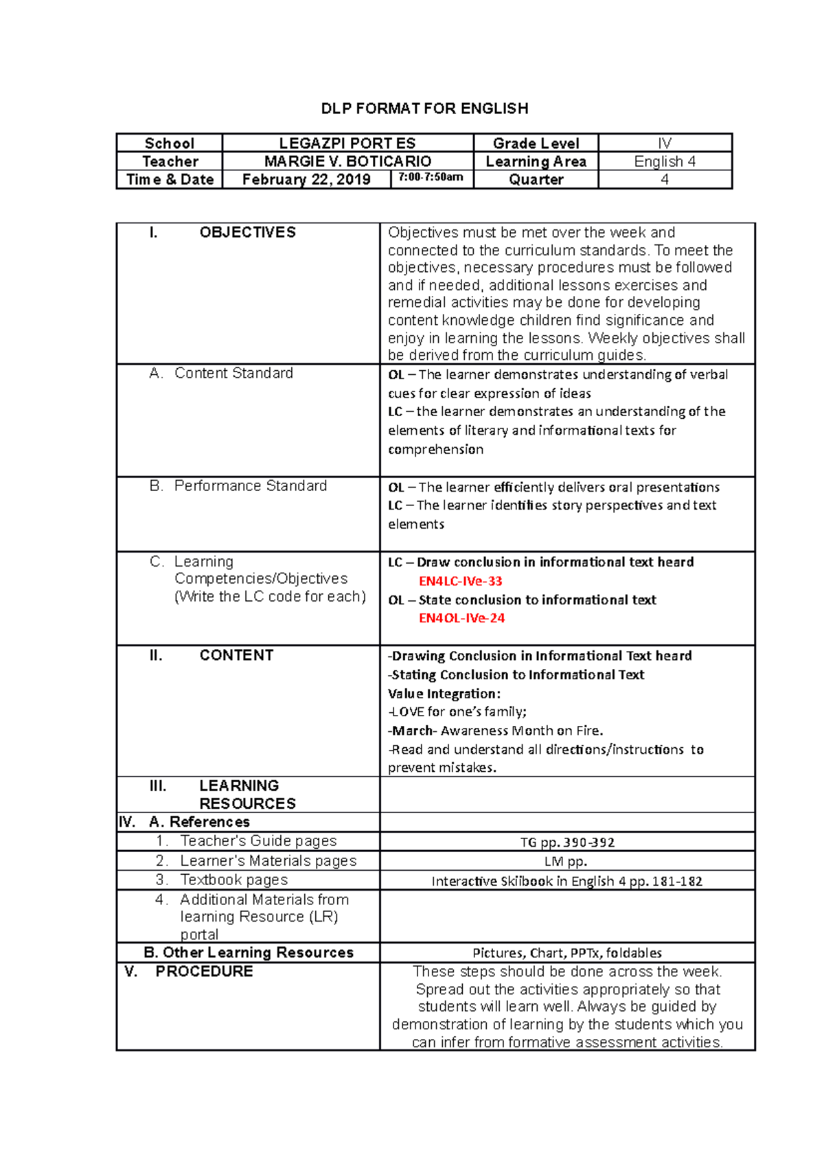 COT DLP English 4 BY Teacher Margie V. Boticario #3 - DLP FORMAT FOR ENGLISH School LEGAZPI PORT ...