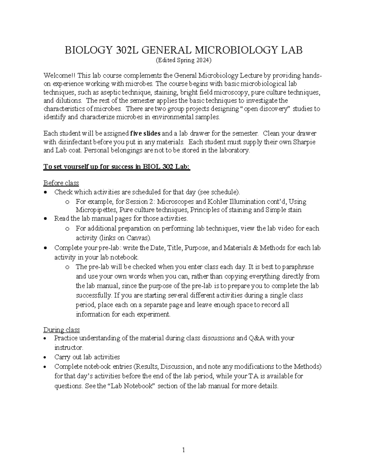 Manual-302L S24 - Lab Manual - BIOLOGY 302L GENERAL MICROBIOLOGY LAB ...