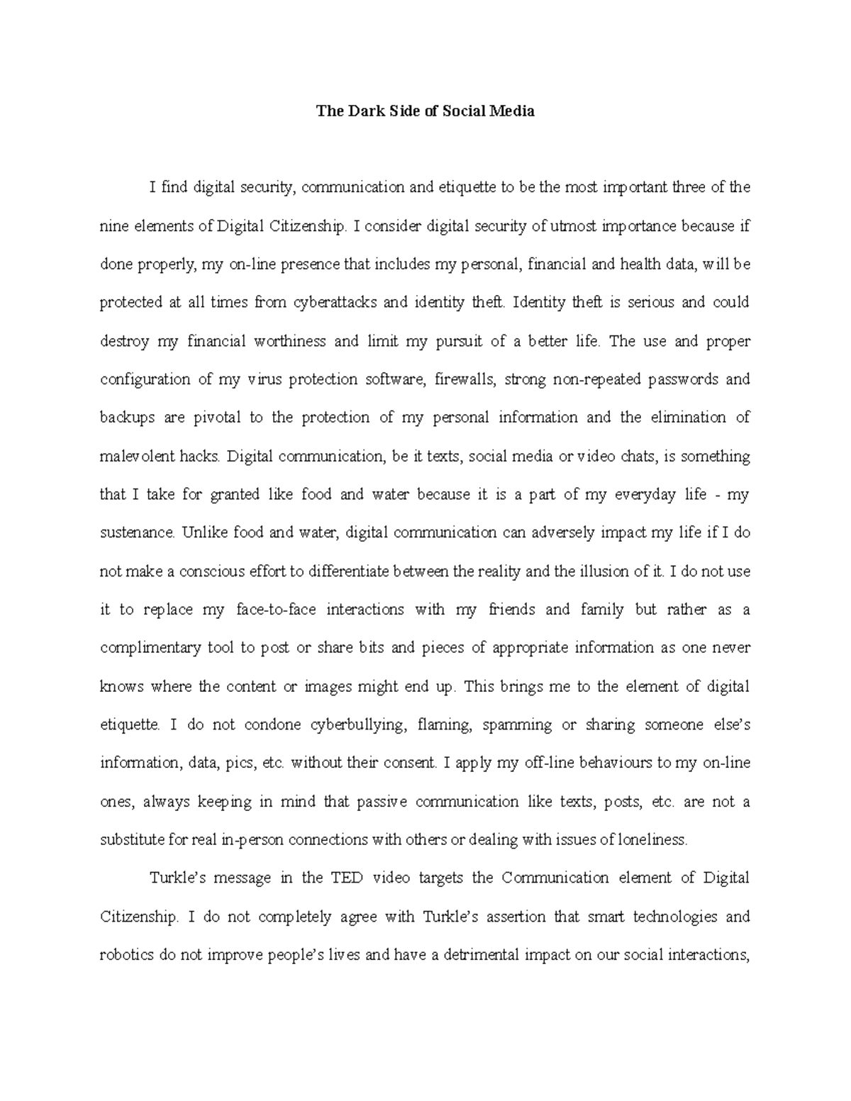 Journal 1 EDUC 307 - The Dark Side of Social Media I find digital ...