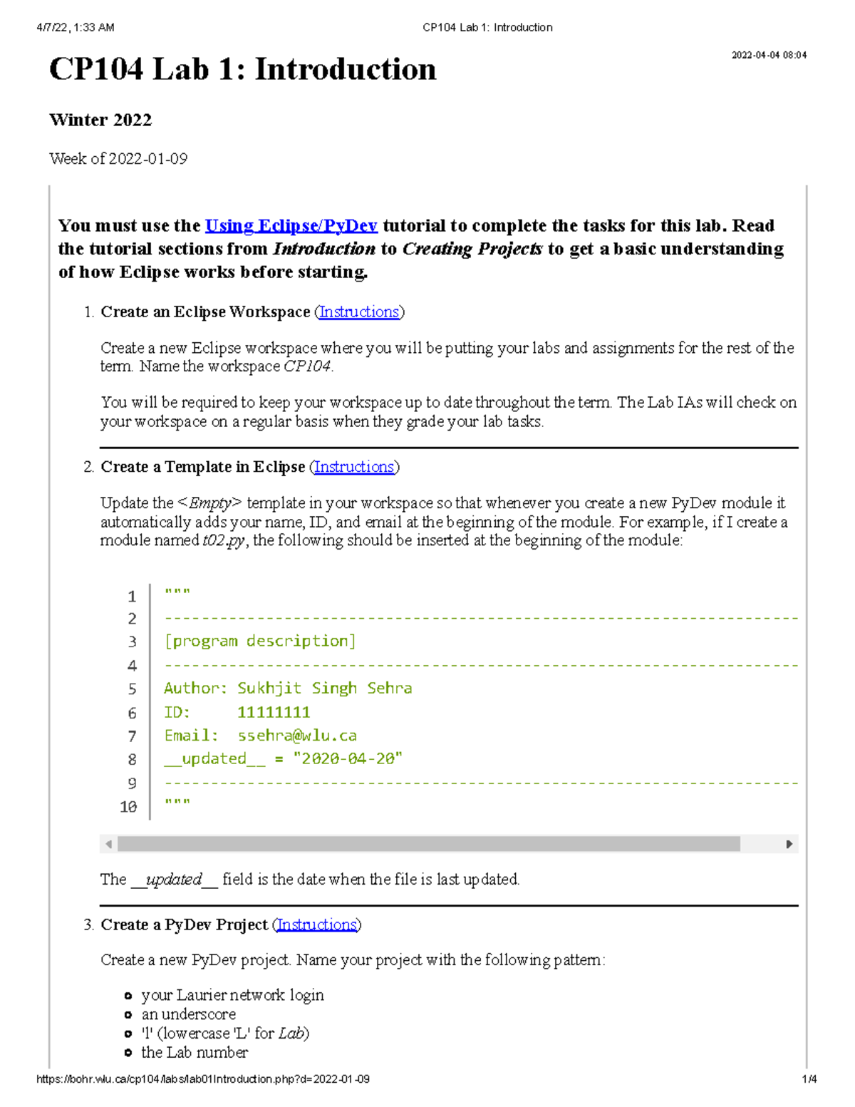 CP104 Lab 1 Introduction - 2022-04-04 08: CP104 Lab 1: Introduction Winter 2022 Week of 2022-01 ...