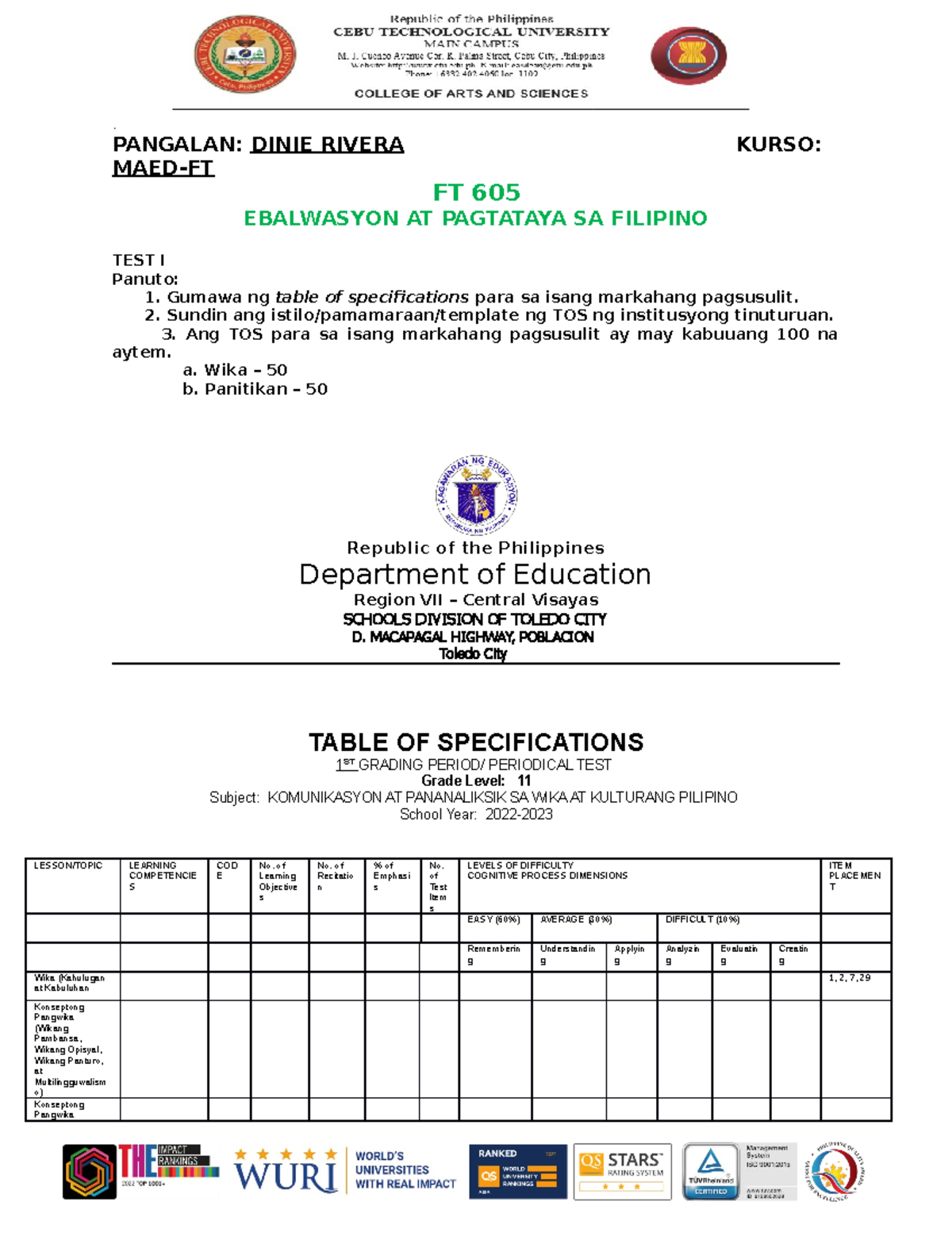 FT 605- Midterm NA Pagsusulit- Rivera, Dinie - . PANGALAN: DINIE RIVERA KURSO: MAED-FT FT 605 ...