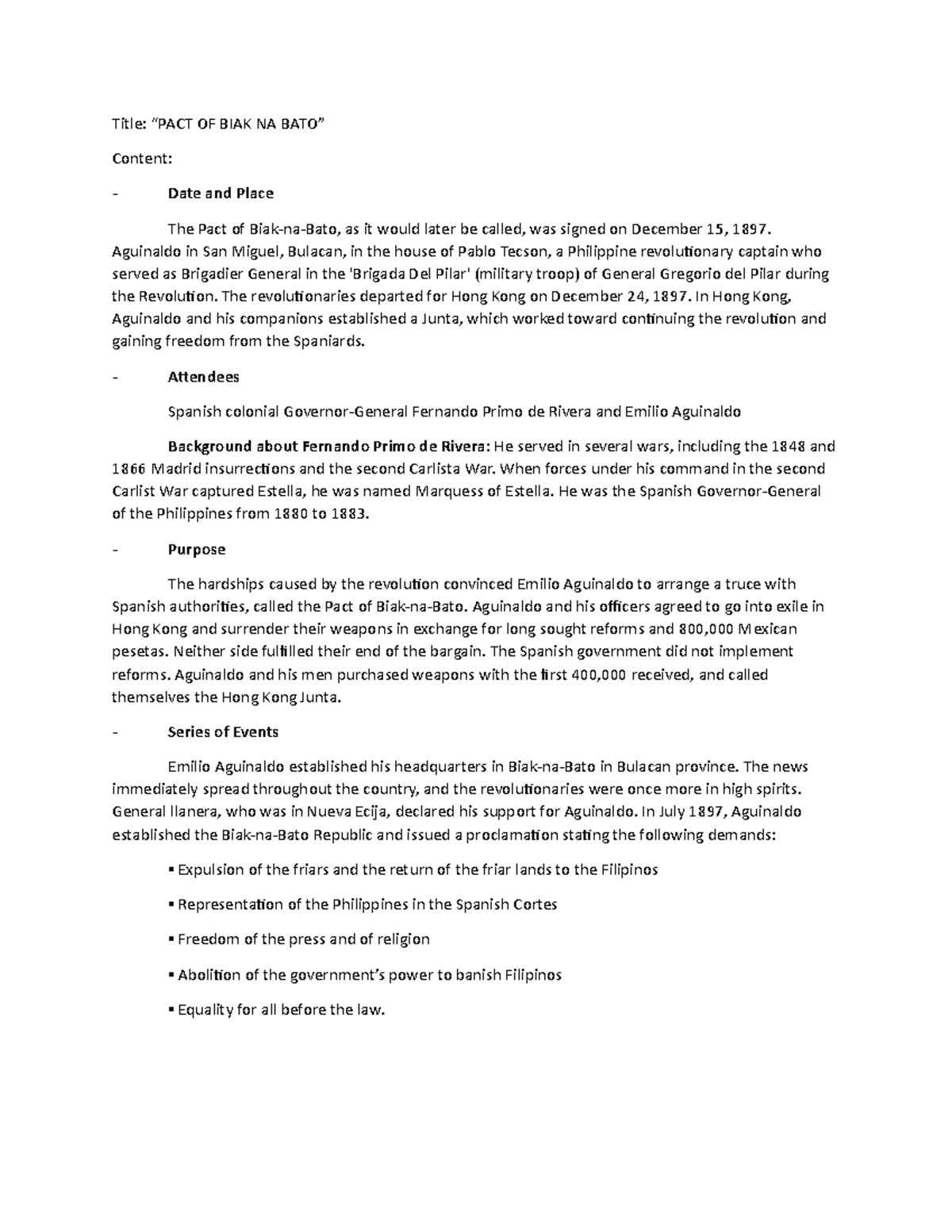 Pact Of Biak Na Bato Report Content Of Pact Of Biak Na Bato Title Pact Of Biak Na Bato