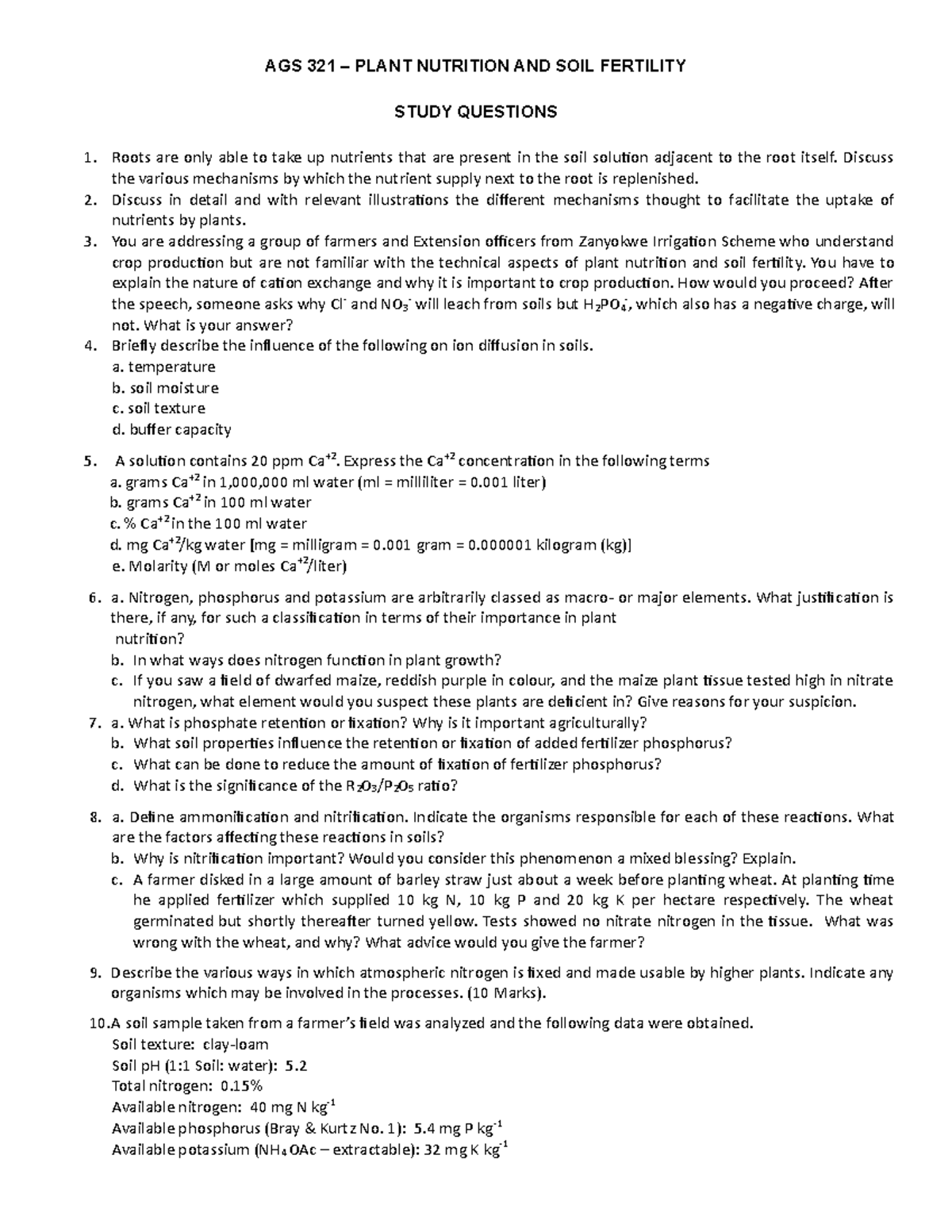 AGS321 - Study Questions - Revised-1 - AGS 321 – PLANT NUTRITION AND ...