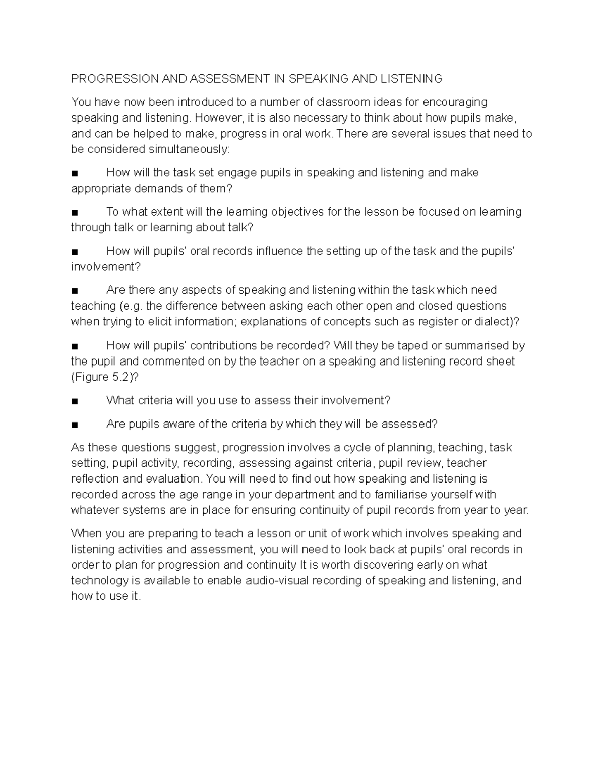 Progression AND Assessment IN Speaking AND Listening - PROGRESSION AND ...