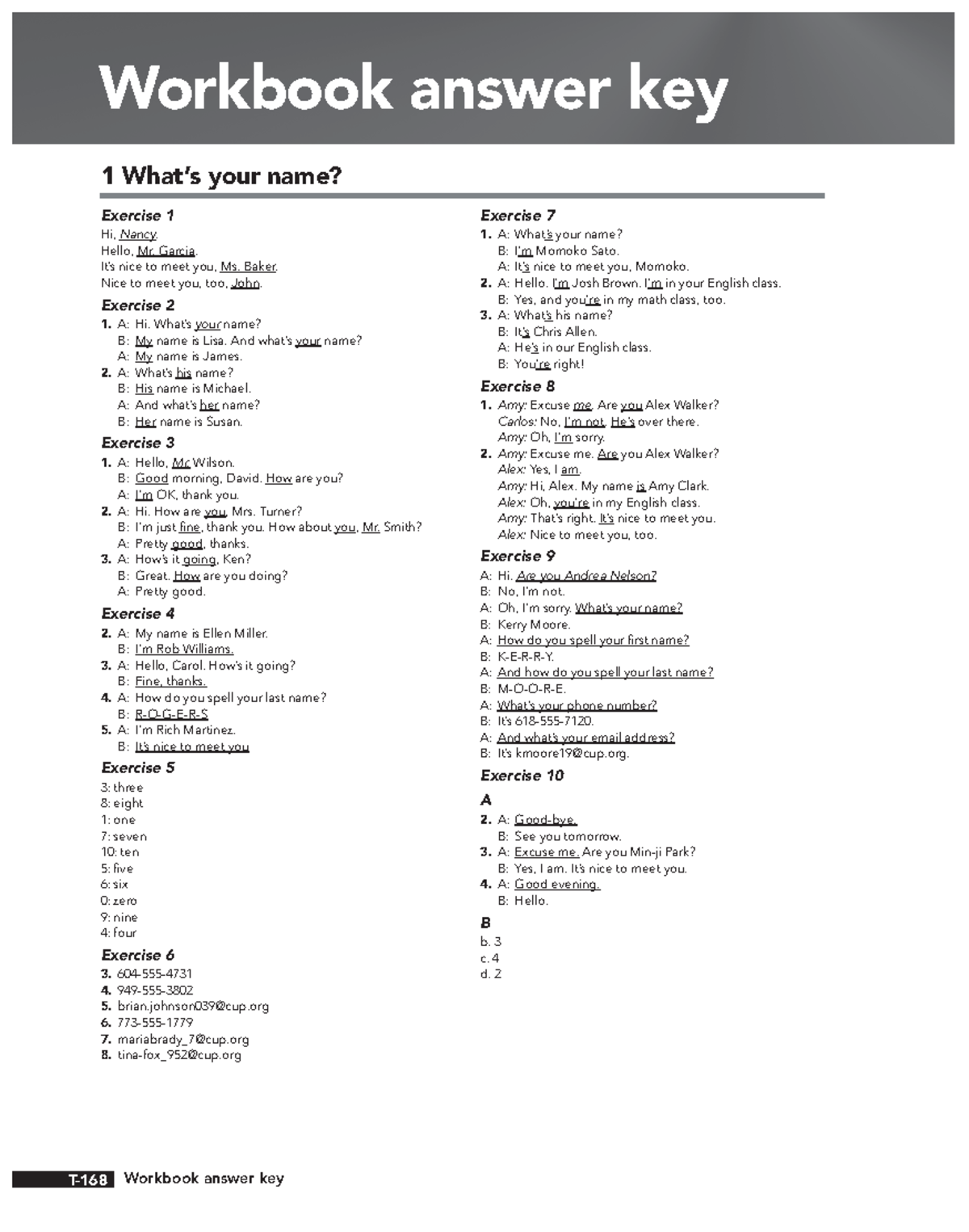 Workbook answers key - Hello, Mr. Garcia. It’s nice to meet you, Ms ...