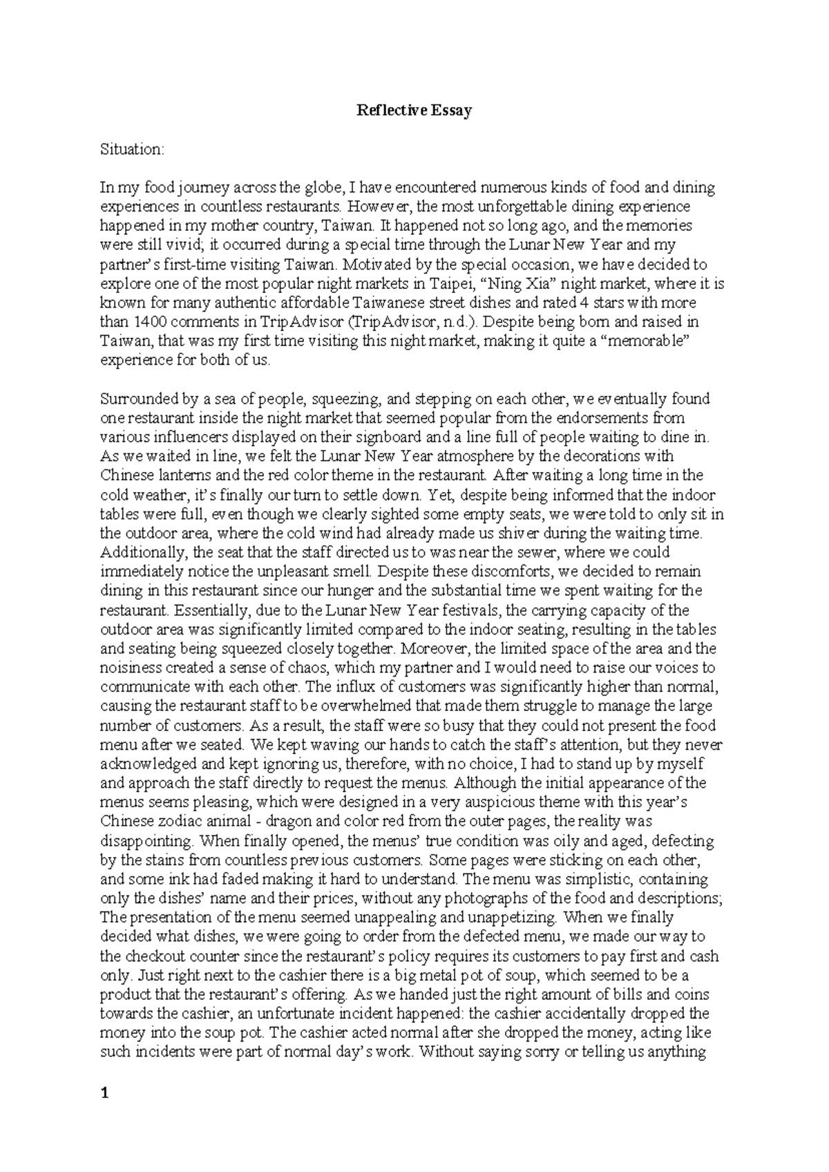 Relfective essay - Reflective Essay Situation: In my food journey ...