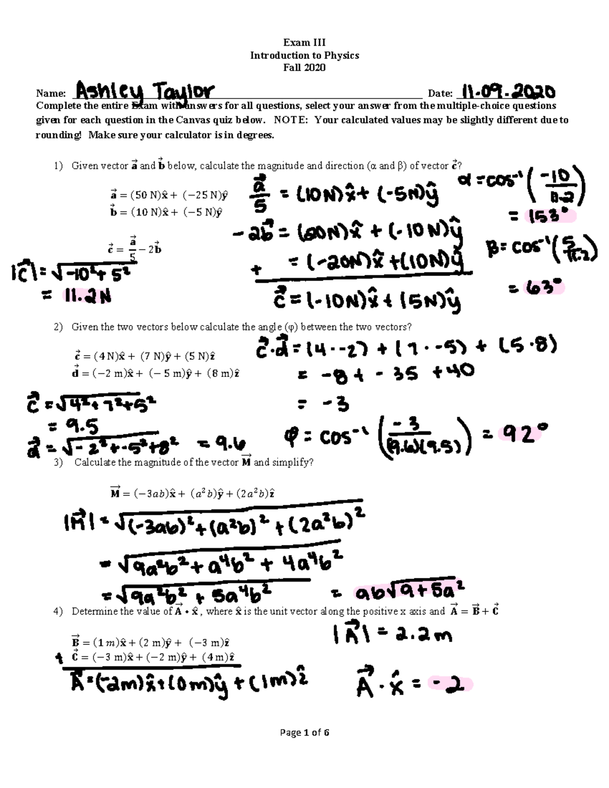 Exam Iii Intro To Physics Fall 2020 Exam Iii Introduction To Physics