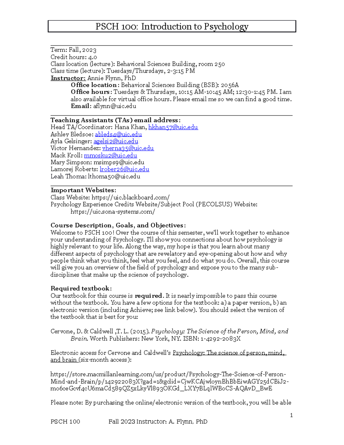 PSCH 100 Flynn Syllabus FALL 2023 - PSCH 100: Introduction to Psychology - Studocu