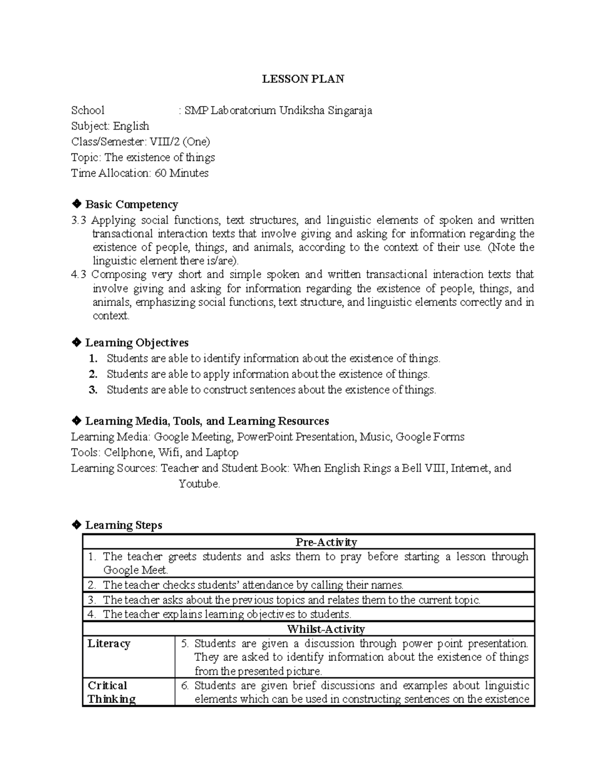 Lesson PLAN Existence OF Things - LESSON PLAN School : SMP Laboratorium ...