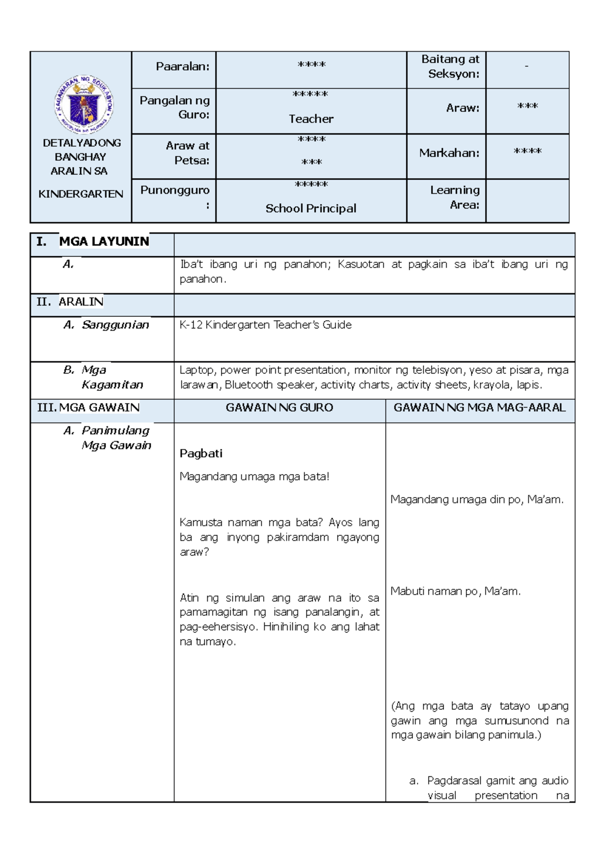 DLP WEEK 19 URI NG Panahon - DETALYADONG BANGHAY ARALIN SA KINDERGARTEN ...