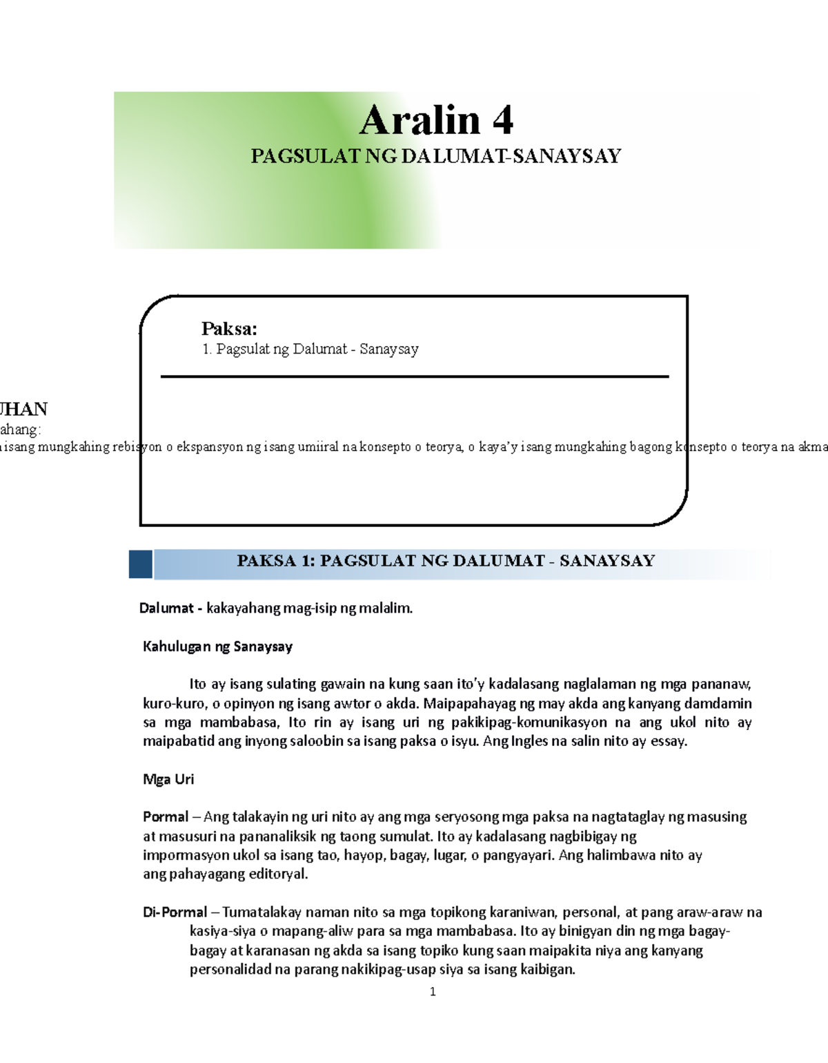 Aralin 4. Pagsulat ng Dalumat-Sanaysay - 1 Aralin 4 PAGSULAT NG DALUMAT ...