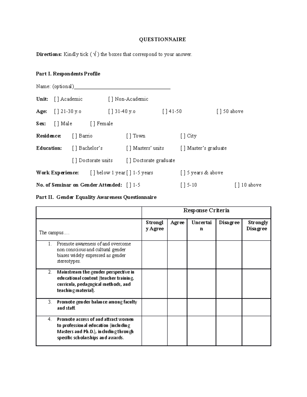 Gender Questionnaire Instrument For Research Questionnaire Directions Kindly Tick √ The 