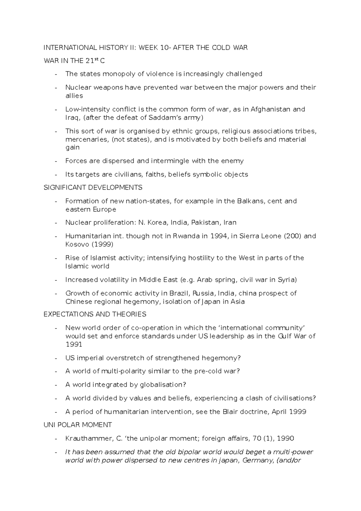 POST COLD WAR World - INTERNATIONAL HISTORY II: WEEK 10- AFTER THE COLD ...