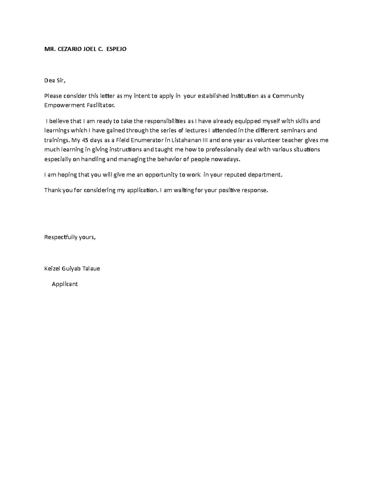 Application Letter - I graduated with a degree of Bachelor of Secondary ...