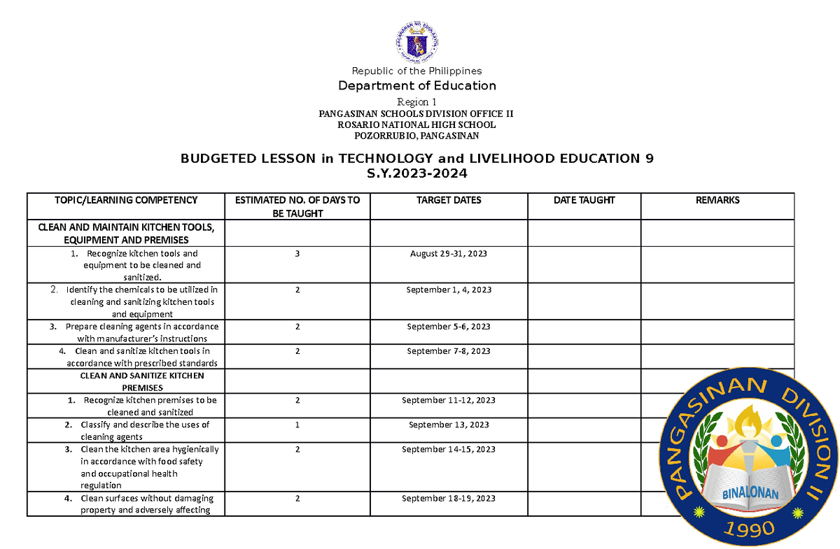 DLL TLE 9 cookery - Republic of the Philippines Department of Education ...