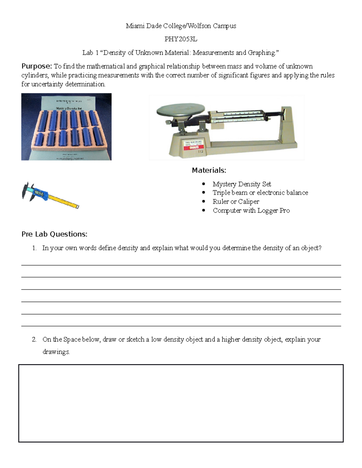 Lab 1 Density and Measurements(1) - Miami Dade College/Wolfson Campus ...