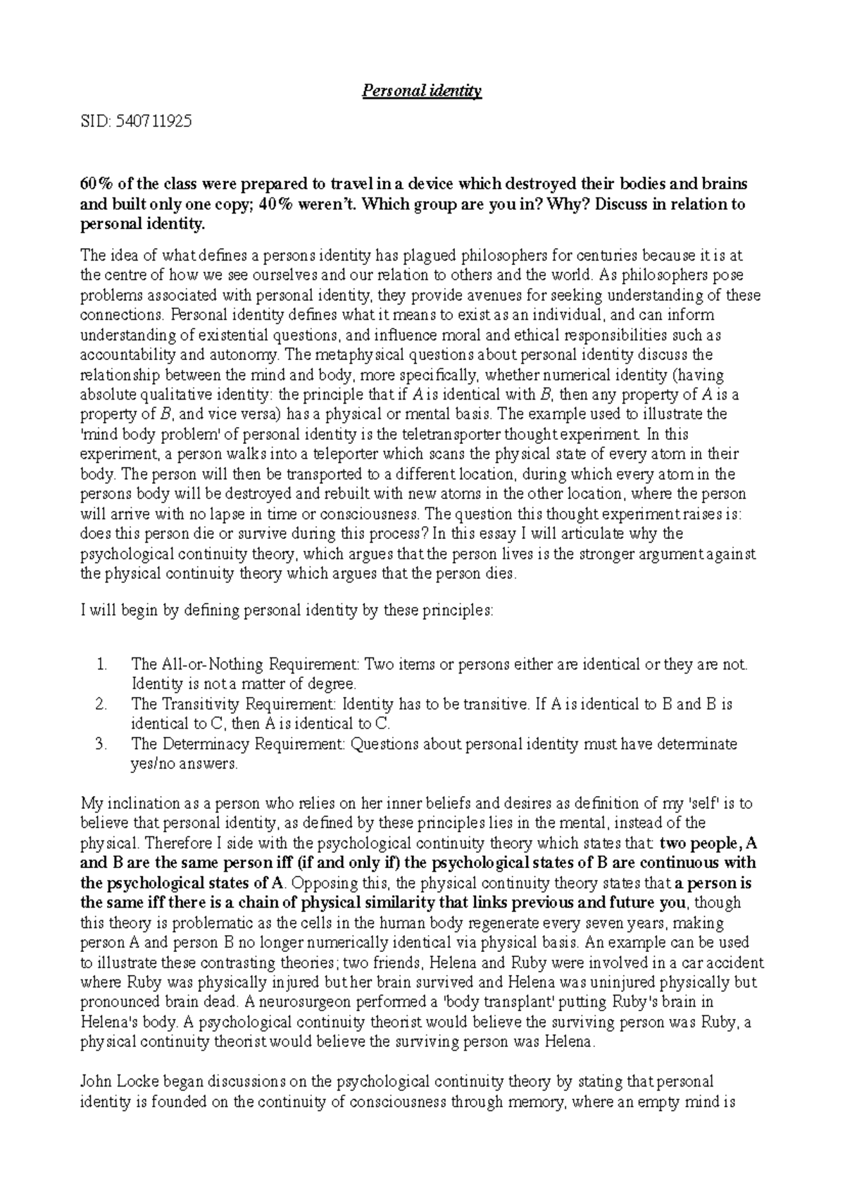 Personal identity essay pdf - Personal identity SID: 540711925 60% of ...
